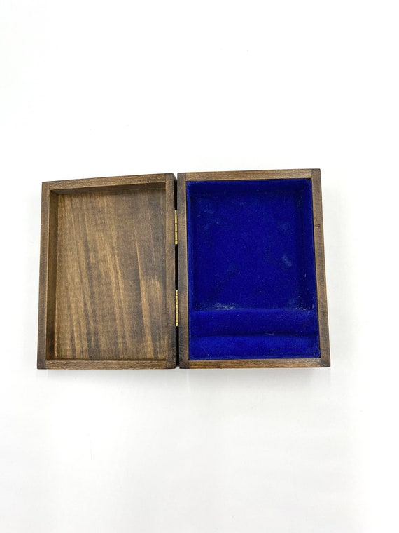 Vintage Wooden Jewelry Box Blue Velvet Lining Small F… - Gem