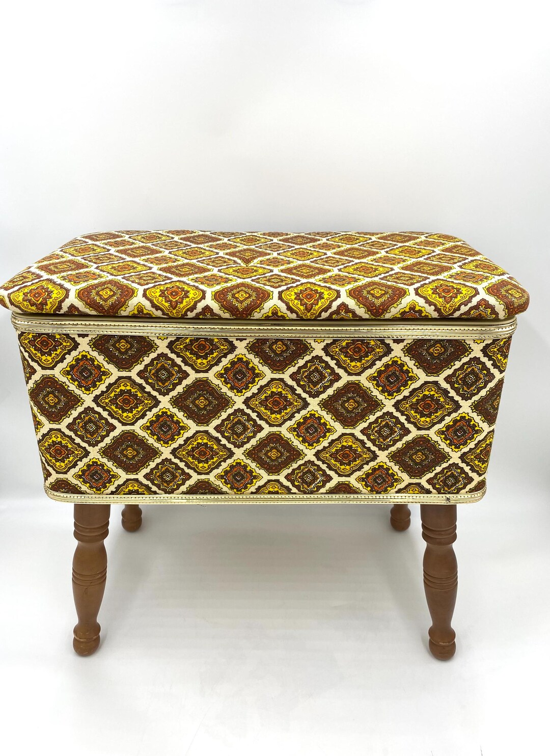 Sewing Stool Ottoman Foot Stool Craft Storage Wood Legs Vintage ...