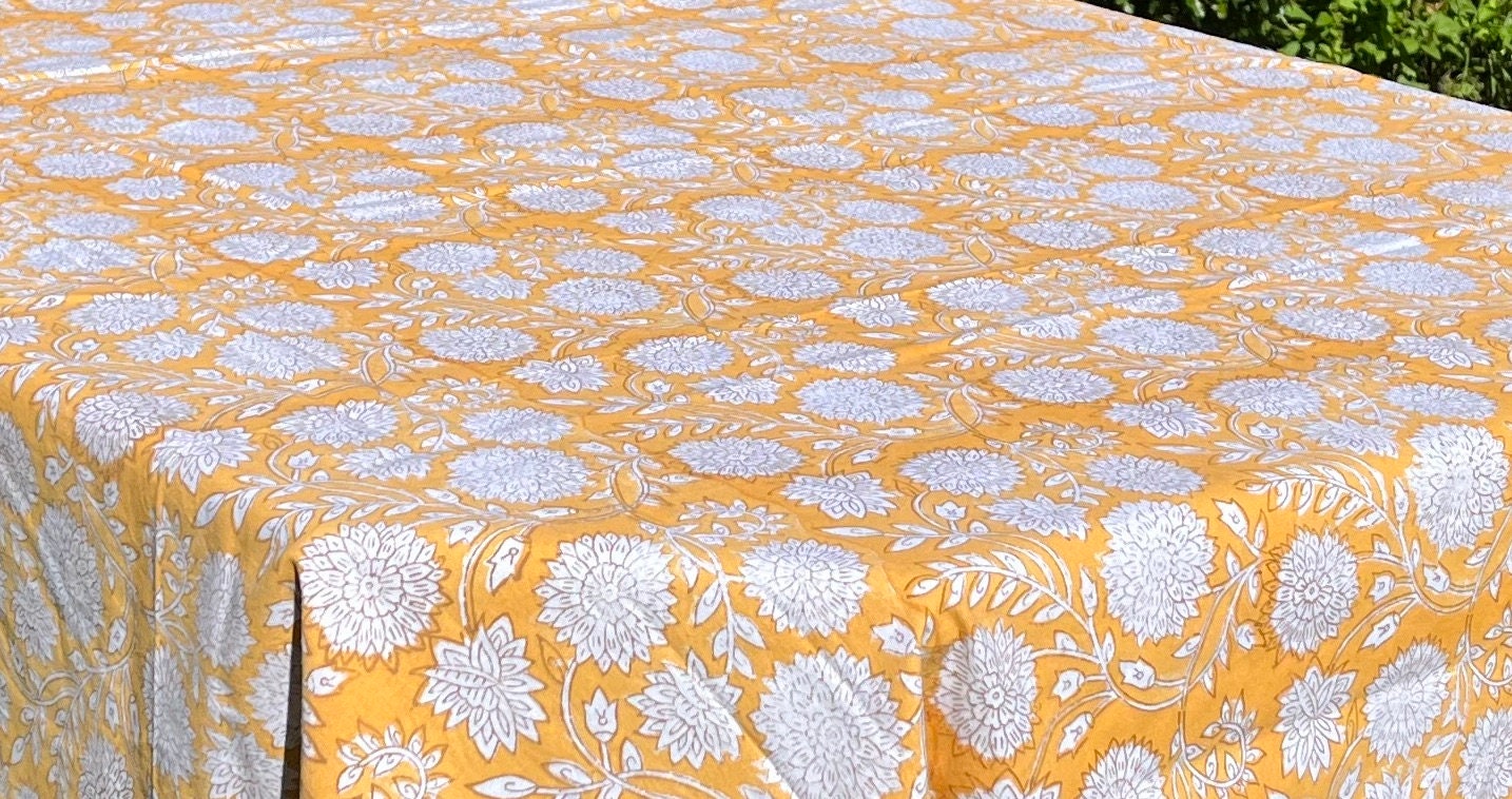 Golden Yellow & White Hand Block Floral Print Cotton Indian Print Table ...