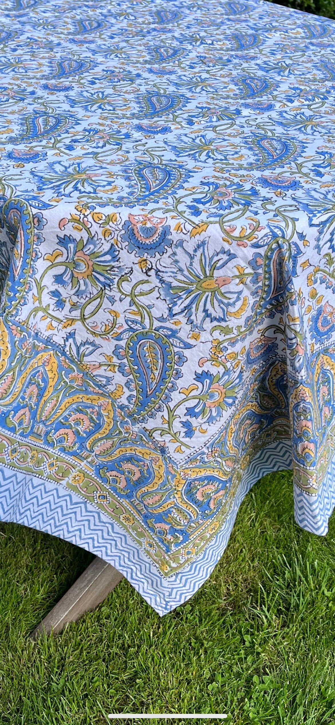 Blue, Yellow & White Hand Block Floral Print Cotton Indian Print Table ...