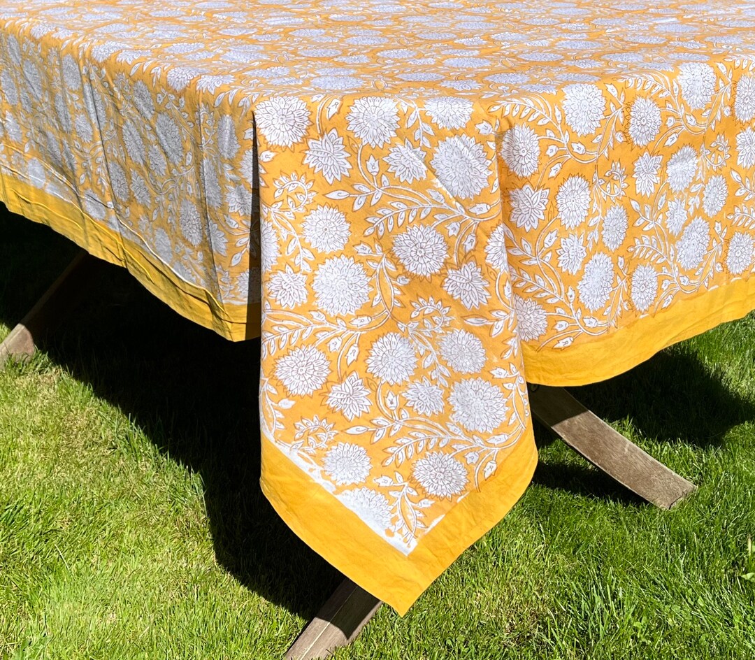 Golden Yellow & White Hand Block Floral Print Cotton Indian Print Table ...