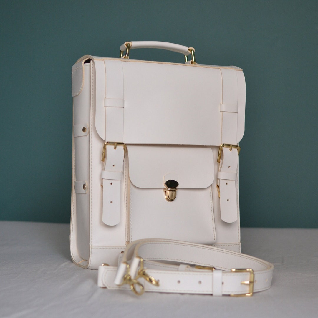 White Leather Backpack, Large Leather Laptop Bag, Adjustable Travel ...