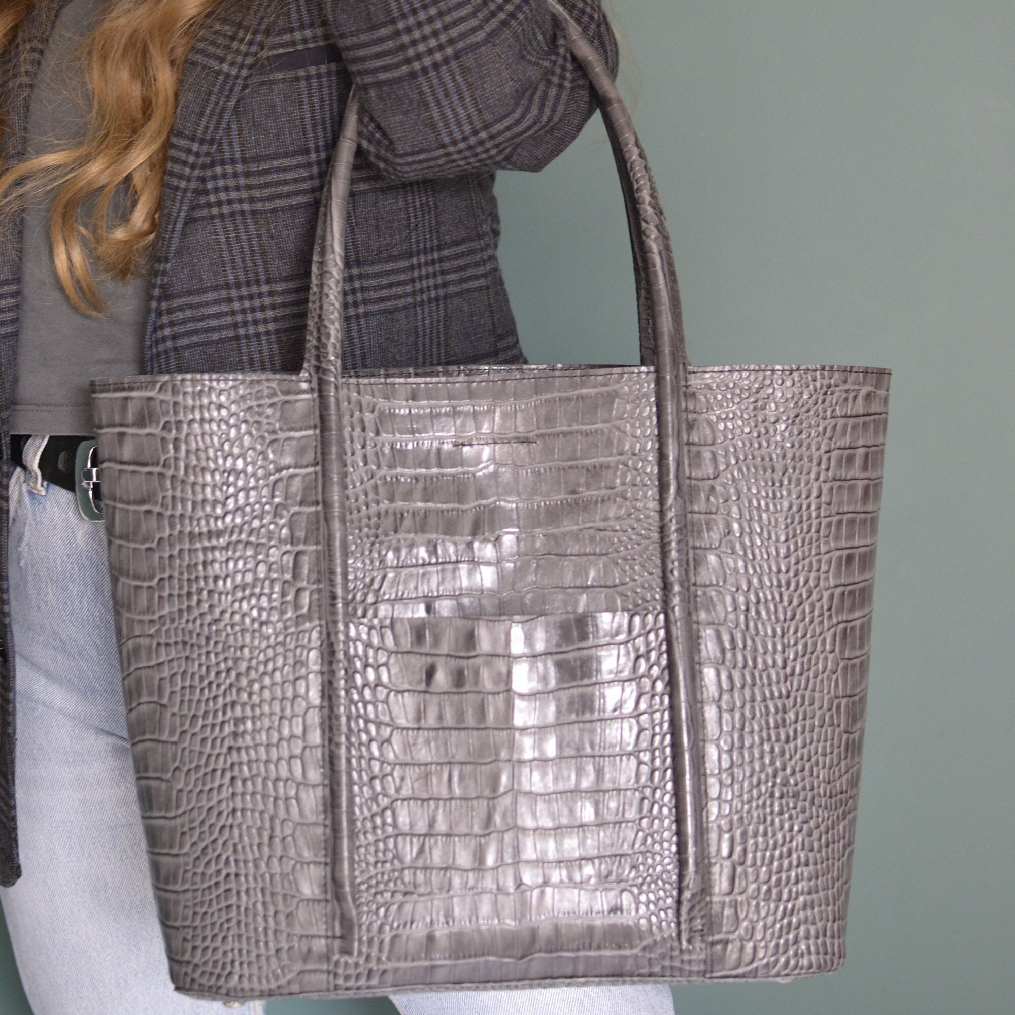 Gray Croco Leather Tote Bag, Large Shoulder Purse, Handmade - Etsy