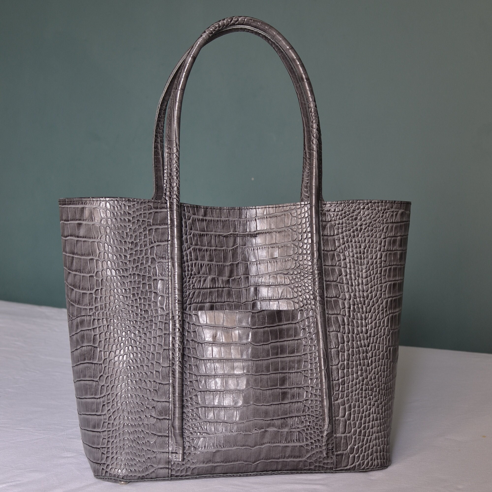 Gray Croco Leather Tote Bag, Large Shoulder Purse, Handmade - Etsy