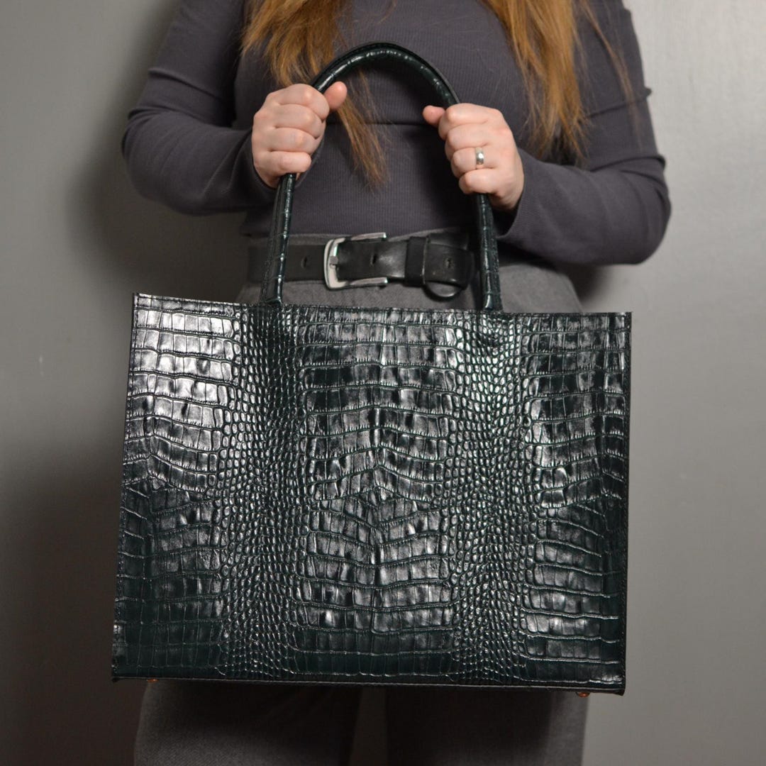 Green Croc Embossed Leather Tote Bag, Handmade Large Shoulder Bag - Etsy