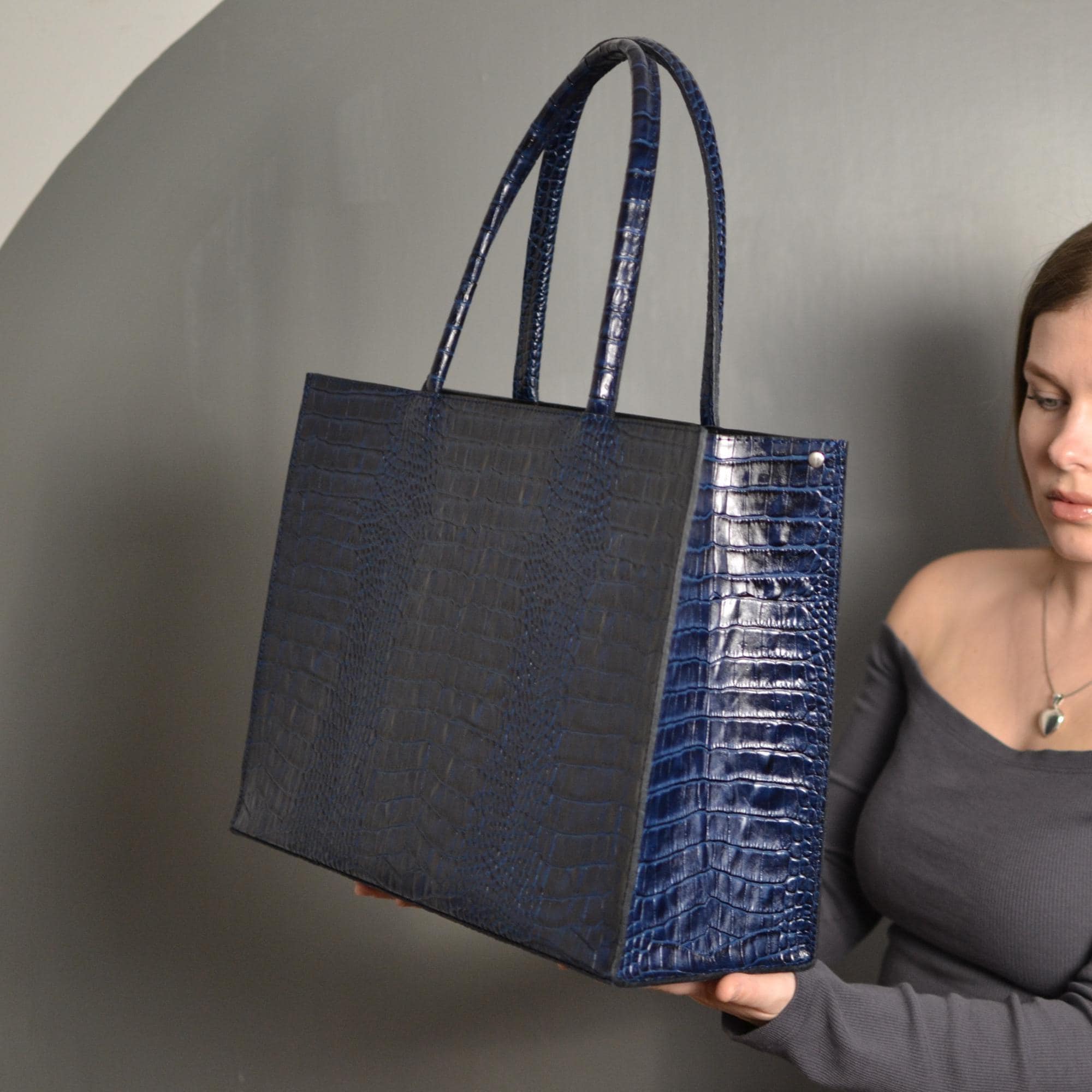 Navy Blue Croc Embossed Leather Tote Bag, Large Handmade Shoulder Bag ...