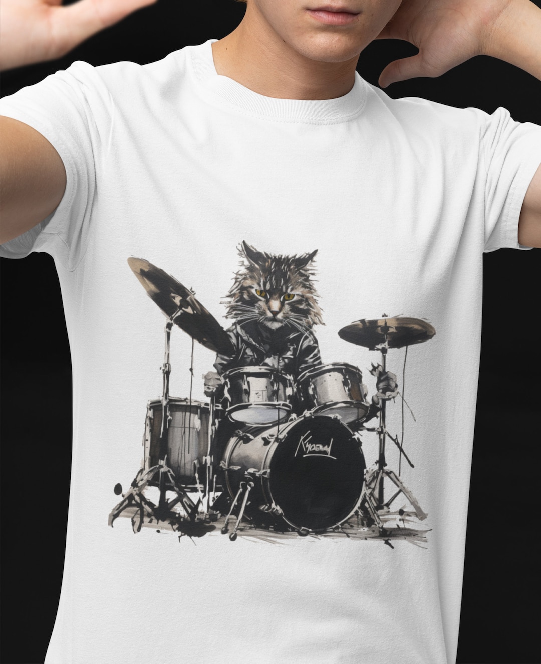 Rock 'n' Roll Cat Drummer T-shirt: Funny Linocut Design - Etsy UK