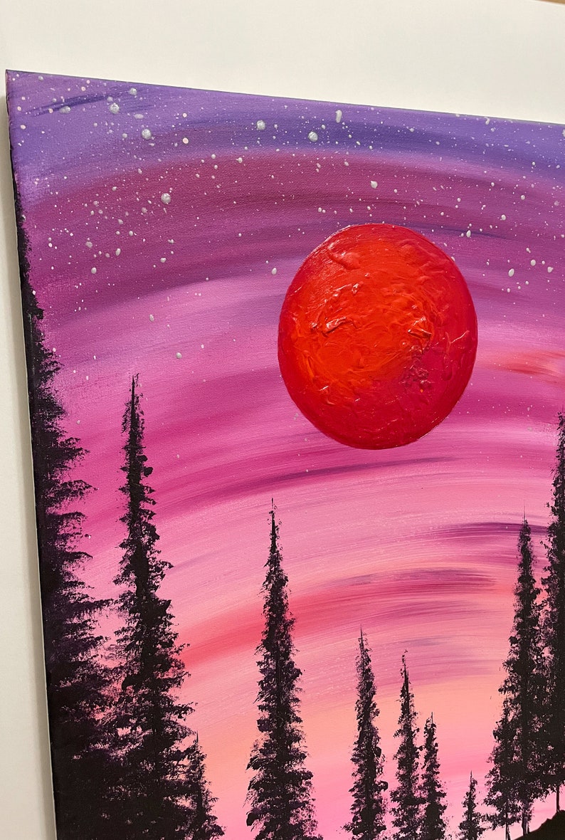 Original Acrylic Painting Sunset Forest Night Sky "red Planet" - Etsy