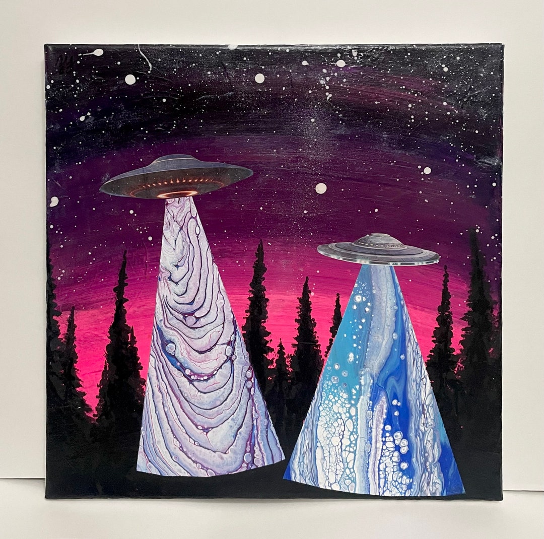 Original Acrylic Painting Alien Ufos Pink Purple Sunset Forest Mixed ...