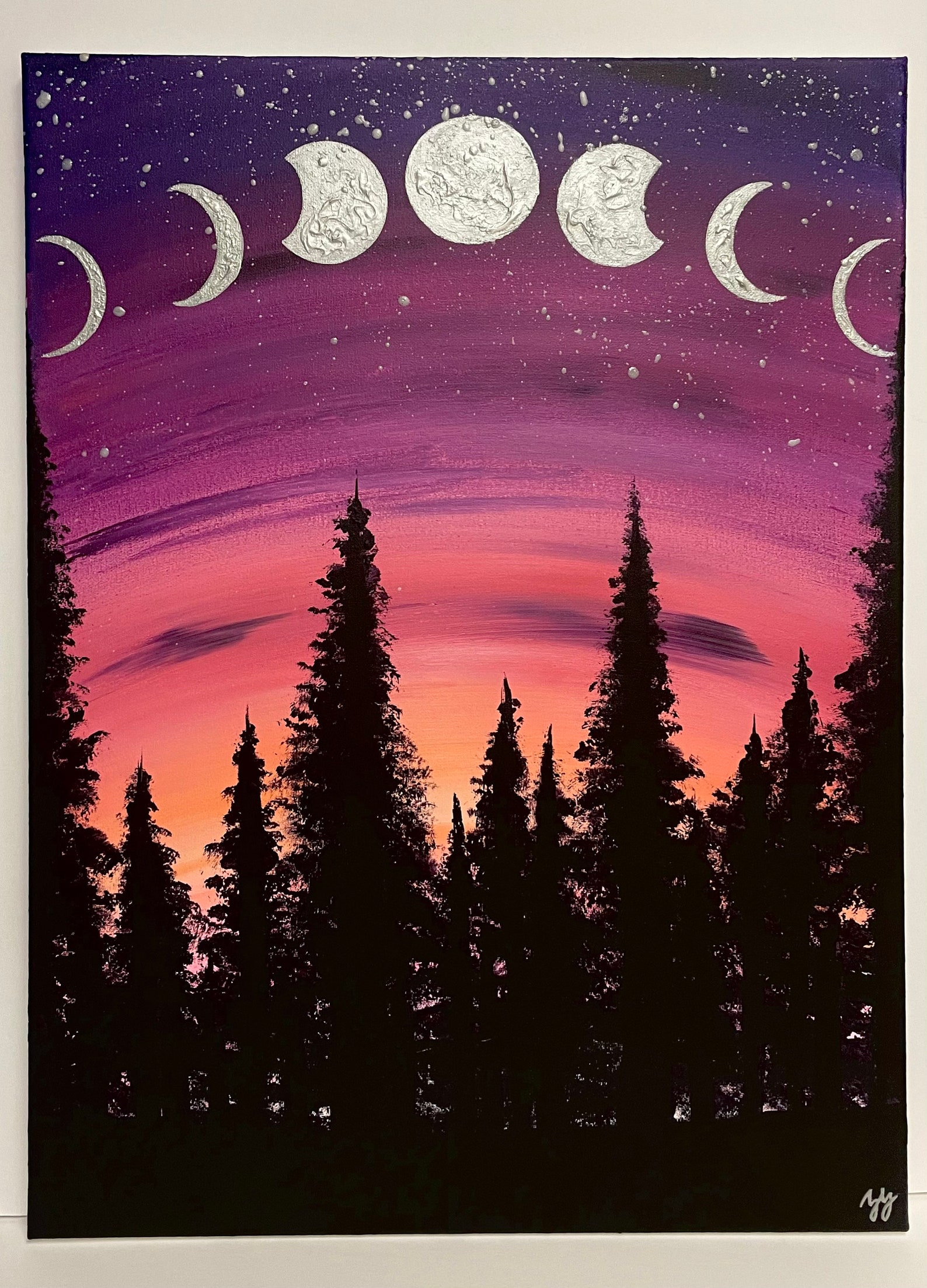 Original Acrylic Painting Sunset Moon Phases Clouds Astrology Forest ...