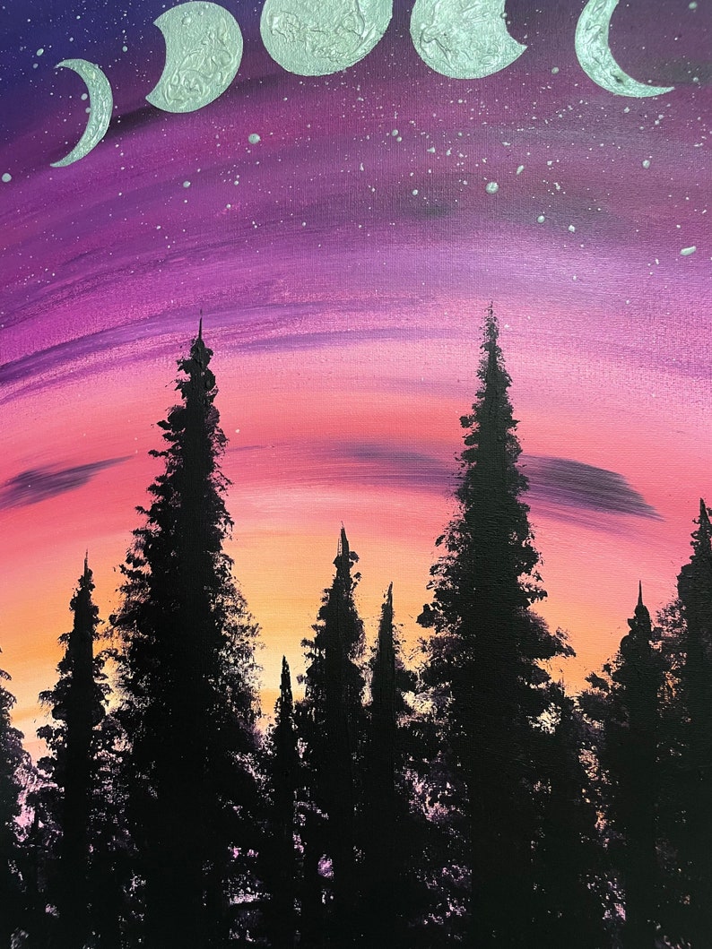 Original Acrylic Painting Sunset Moon Phases Clouds Astrology Forest ...