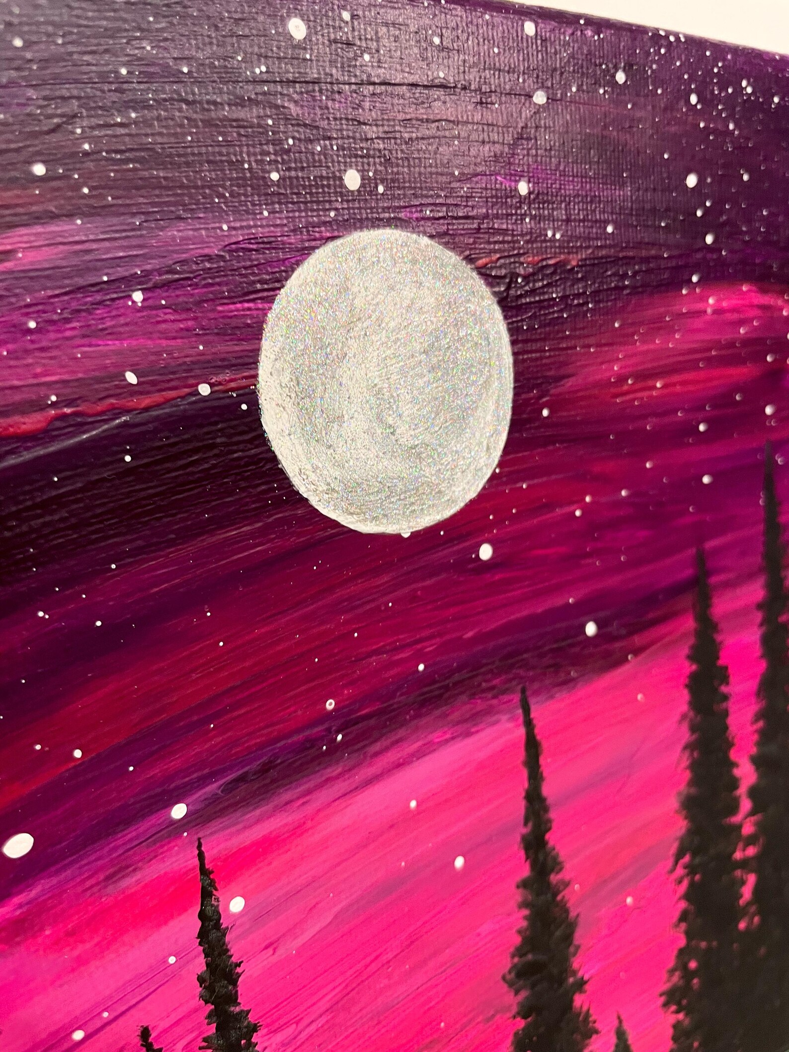 Original Acrylic Watercolor Painting Sunset Moon Forest Night Sky Color ...