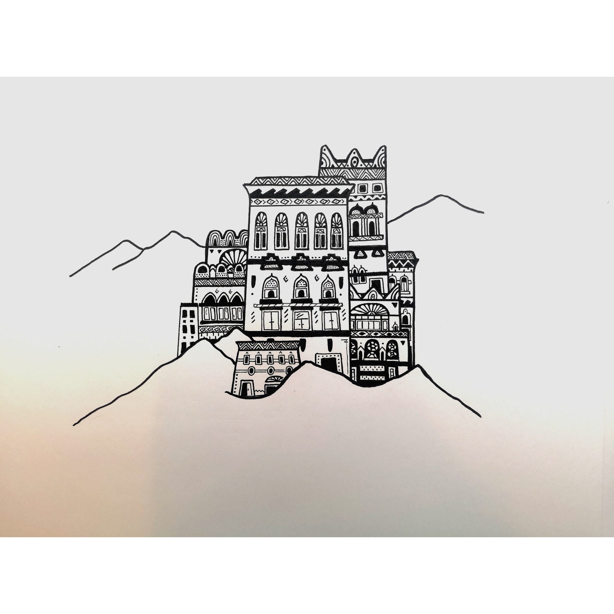 Hand Drawn Yemen Mountain Scene Art - Etsy