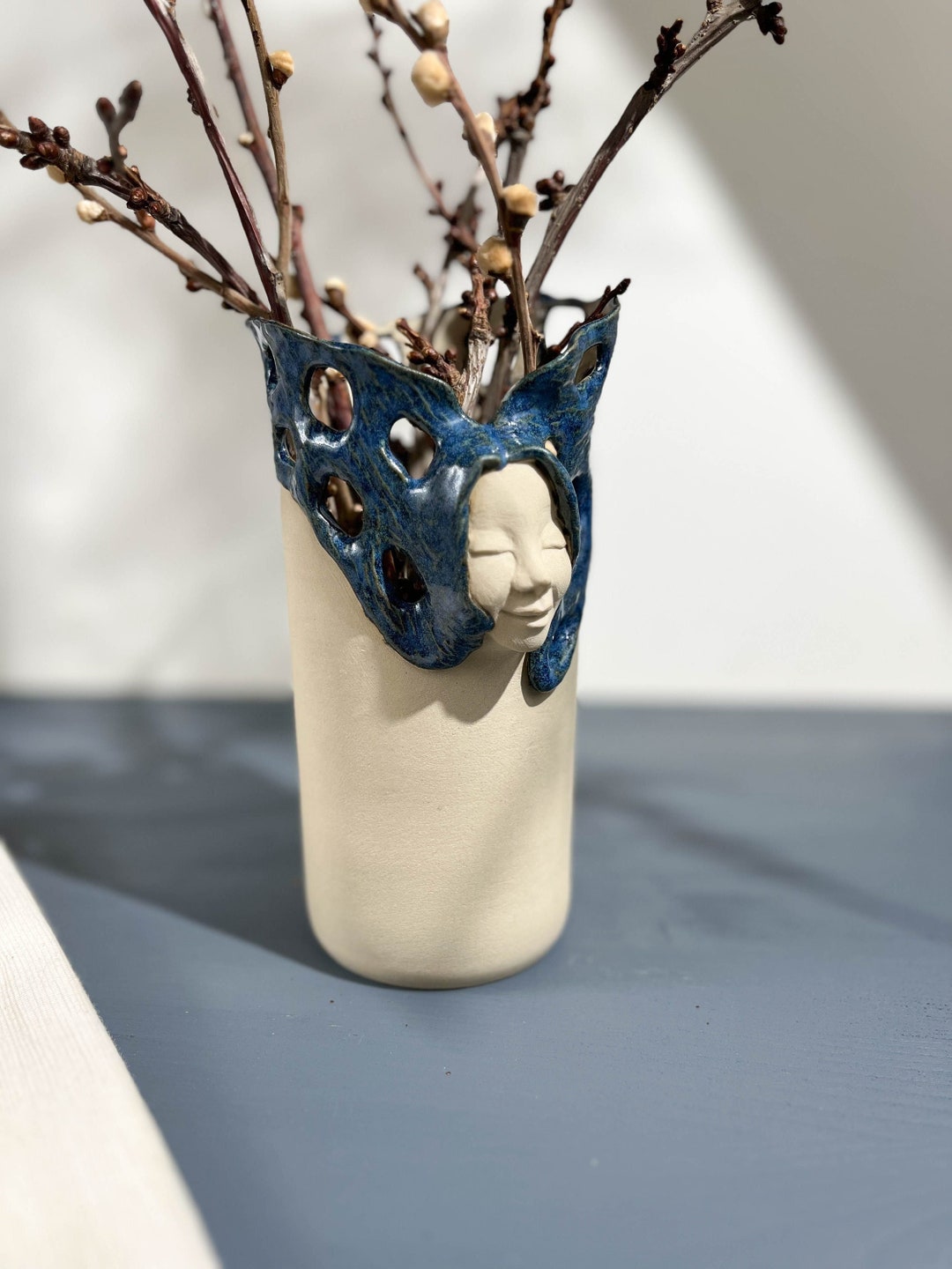 Unique Female Face Vase, Handmade Ceramic Vase, Blue Color Pottery Vase ...