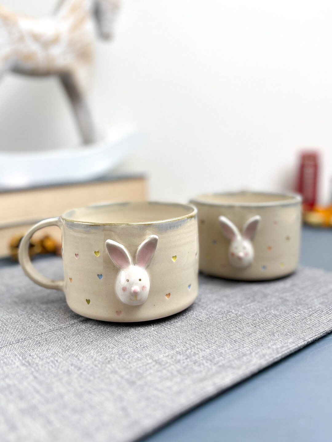 Buy Rabbit Mug With Rainbow Heart-shaped Ceramic , Rabbit Pottery Mug ...