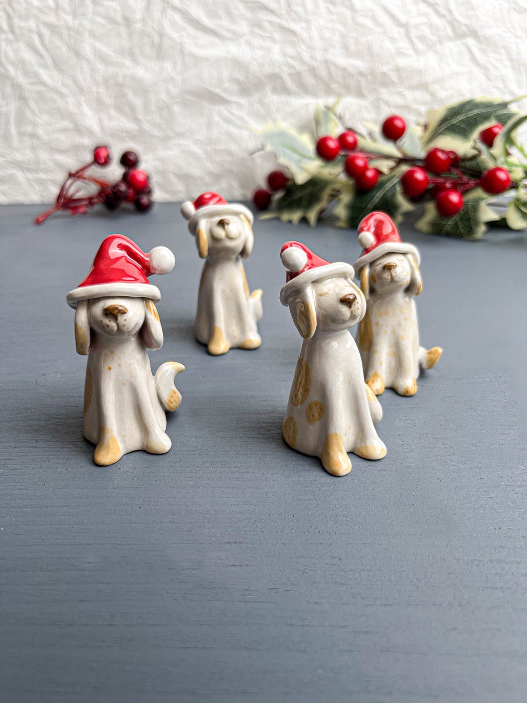 Christmas-themed Ceramic Dog Figurines With Red Hats | Animal Lovers ...