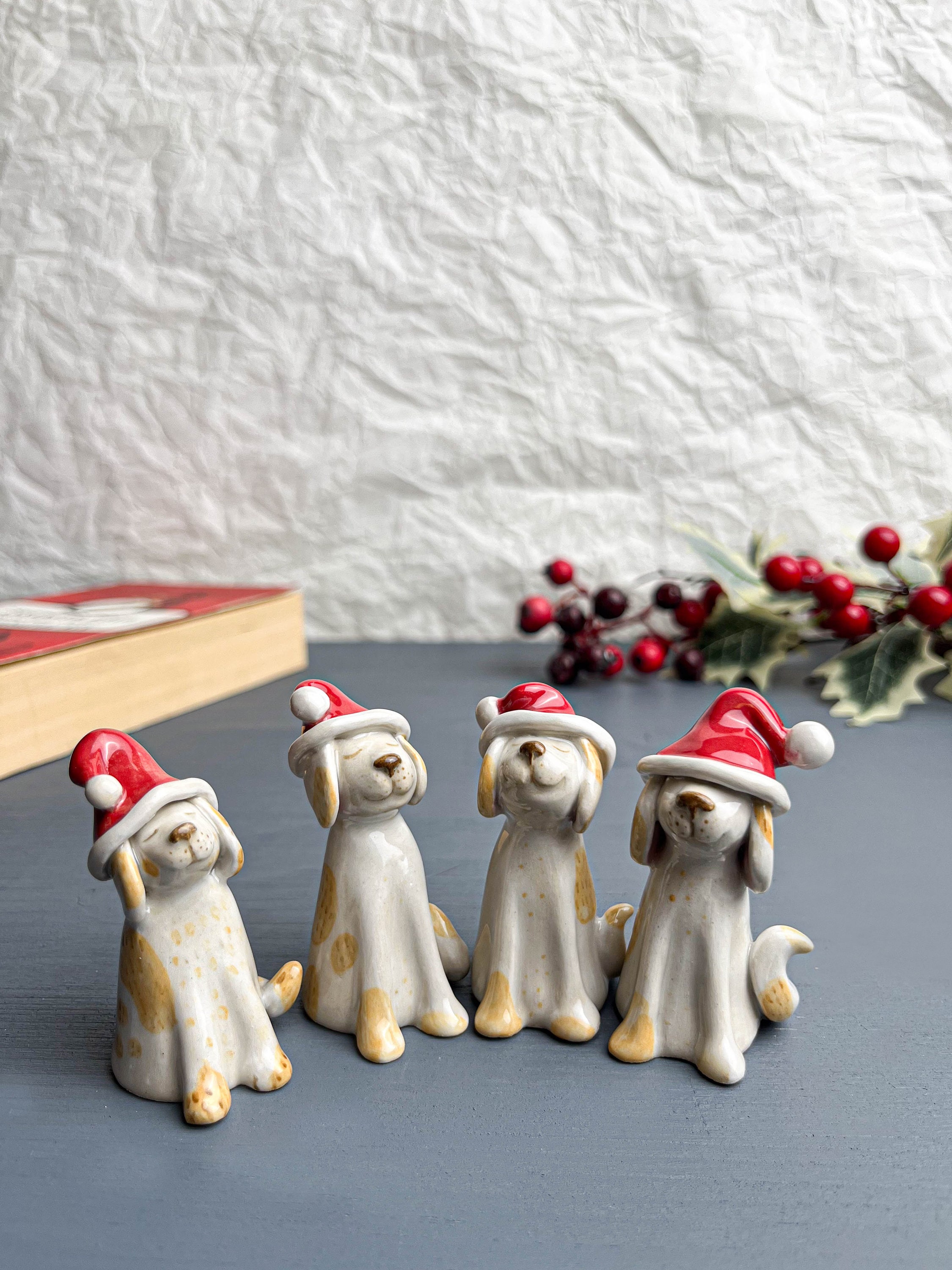 Christmas-themed Ceramic Dog Figurines With Red Hats Animal Lovers ...