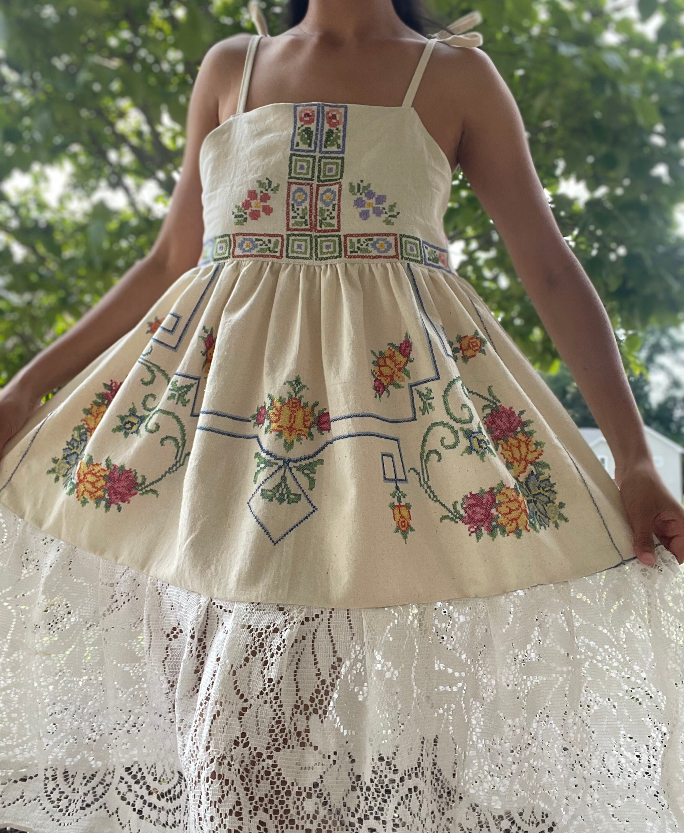 Tablecloth Dress / One of a Kind Dress / Embroidered Linen Dress / XS ...
