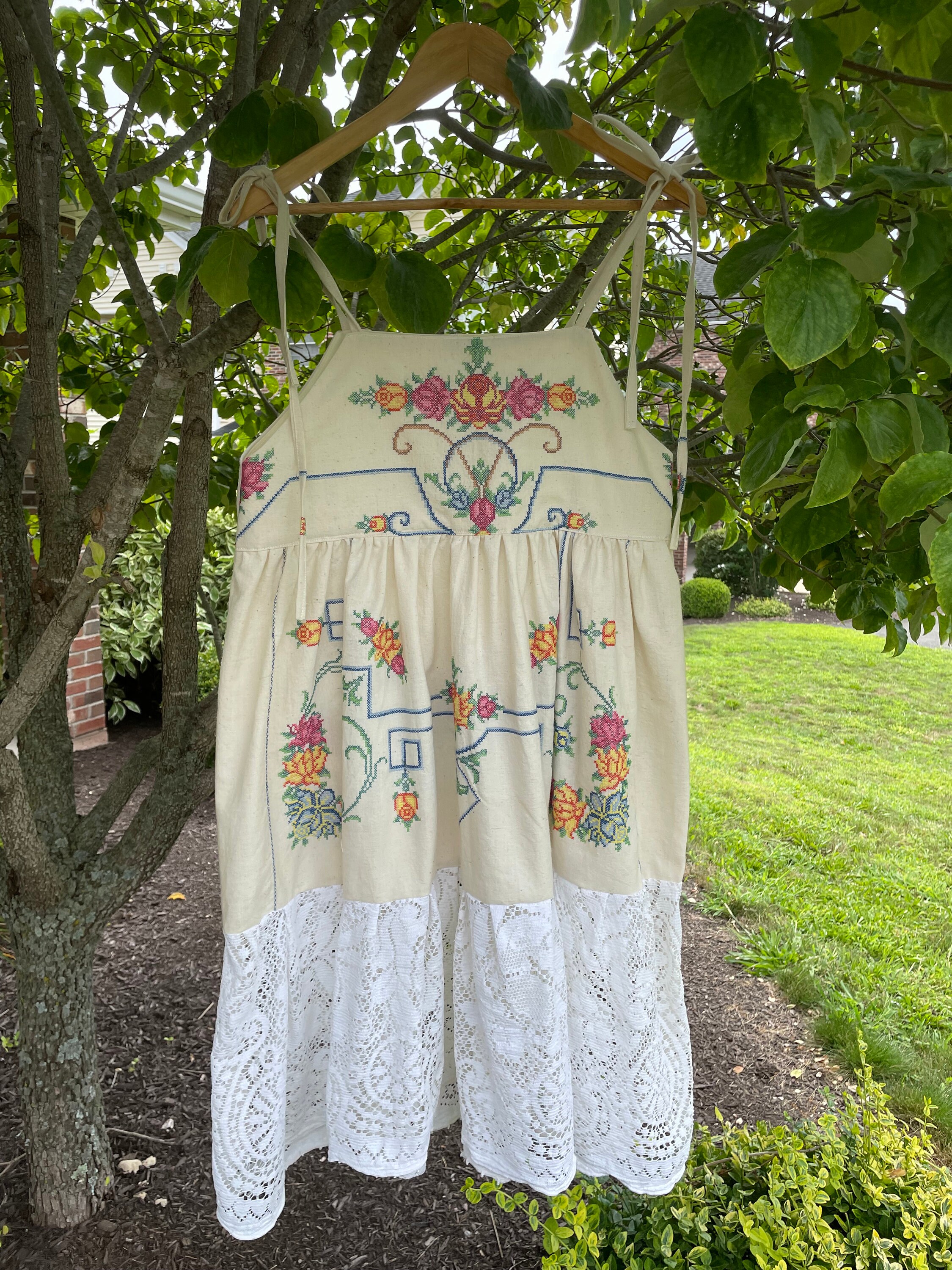 Tablecloth Dress / One of a Kind Dress / Embroidered Linen Dress / XS ...