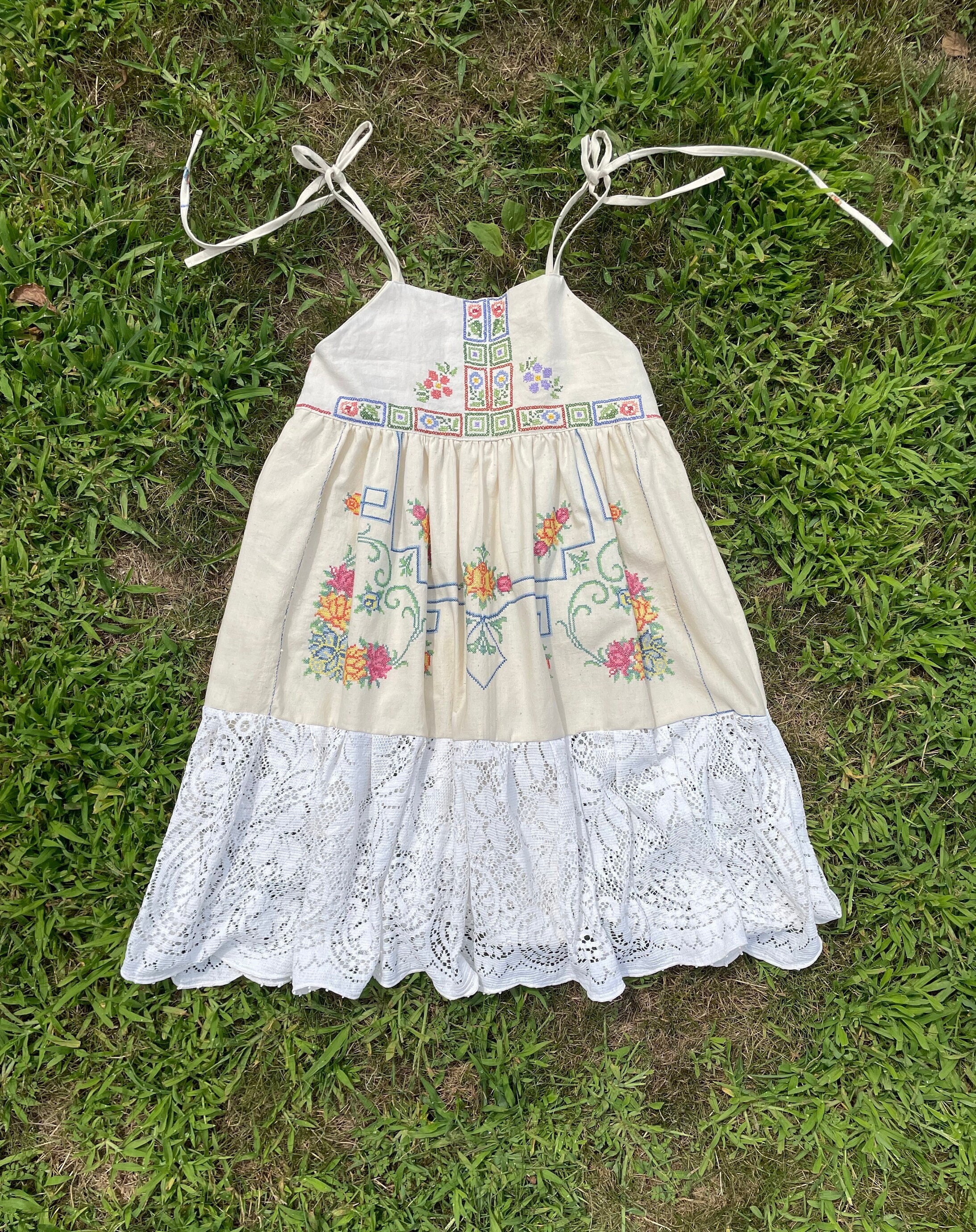Tablecloth Dress / One of a Kind Dress / Embroidered Linen Dress / XS ...