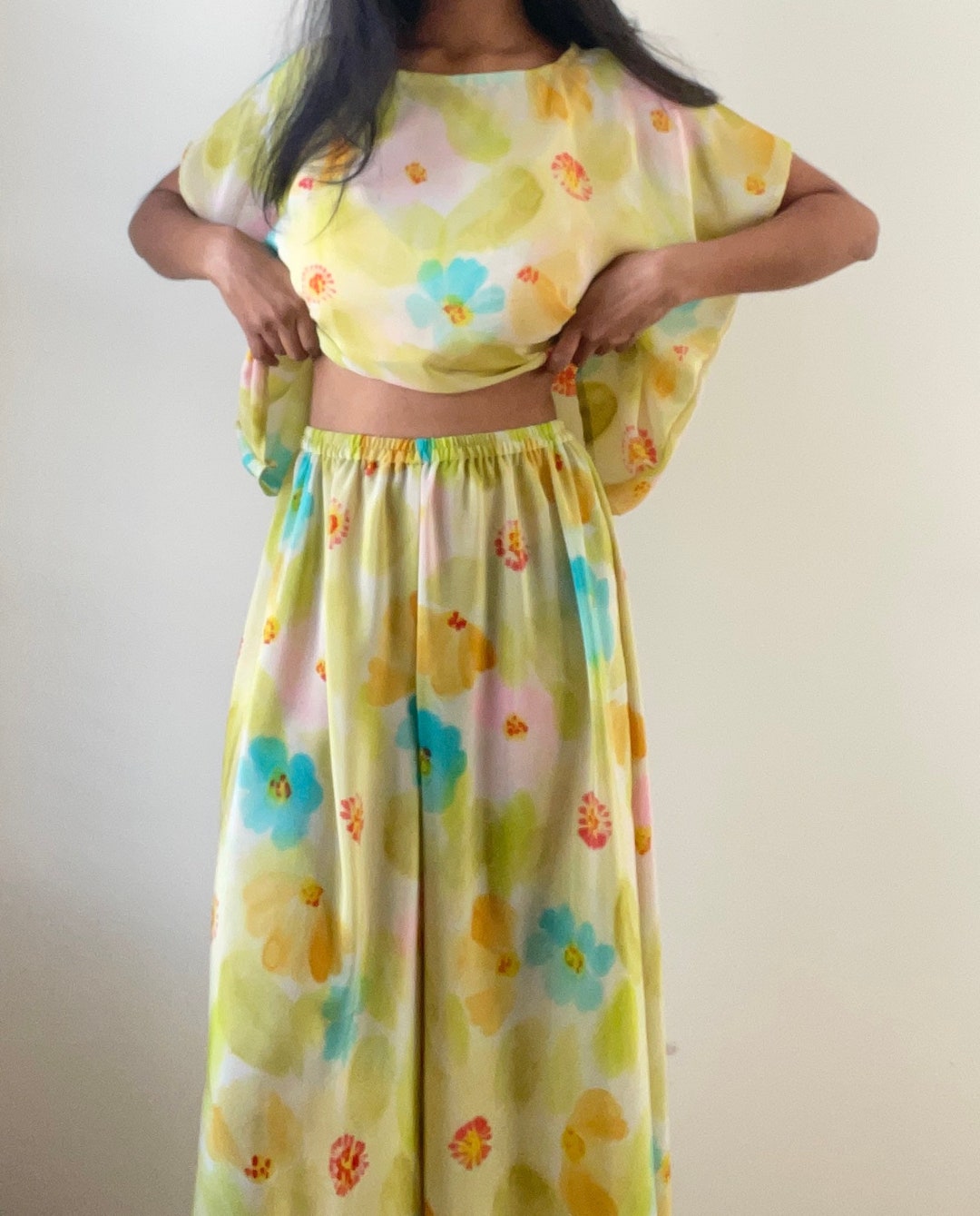 Silk Floral Co-ord Set / Pastel Silk Set / Silk Palazzo Set / One off ...