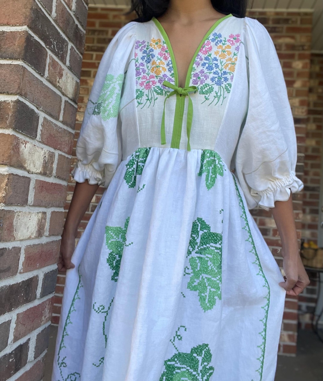 Embroidered Linen Prairie Dress: One-of-a-kind Slow Fashion (size M-L ...