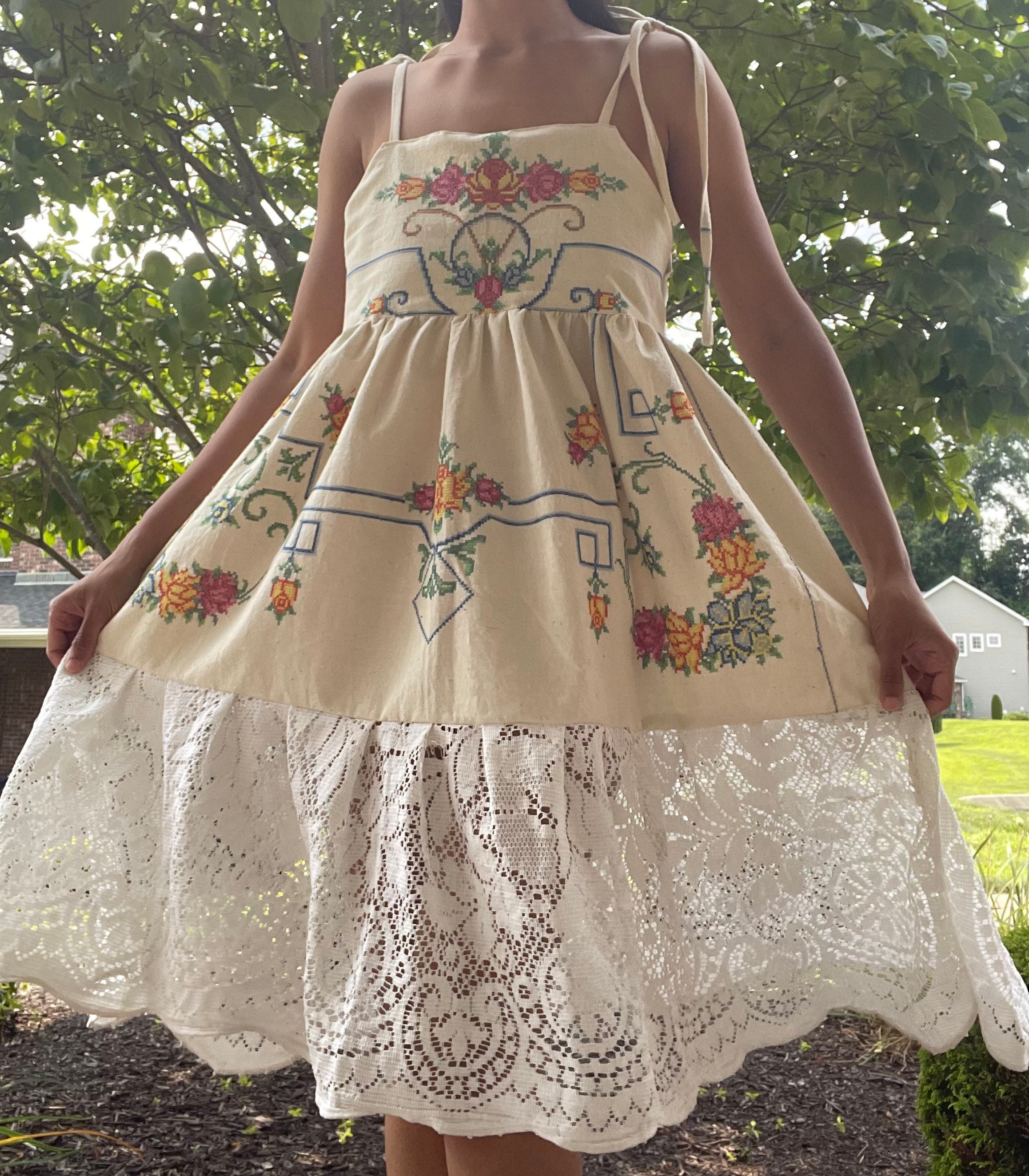 Tablecloth Dress / One of a Kind Dress / Embroidered Linen Dress / XS ...