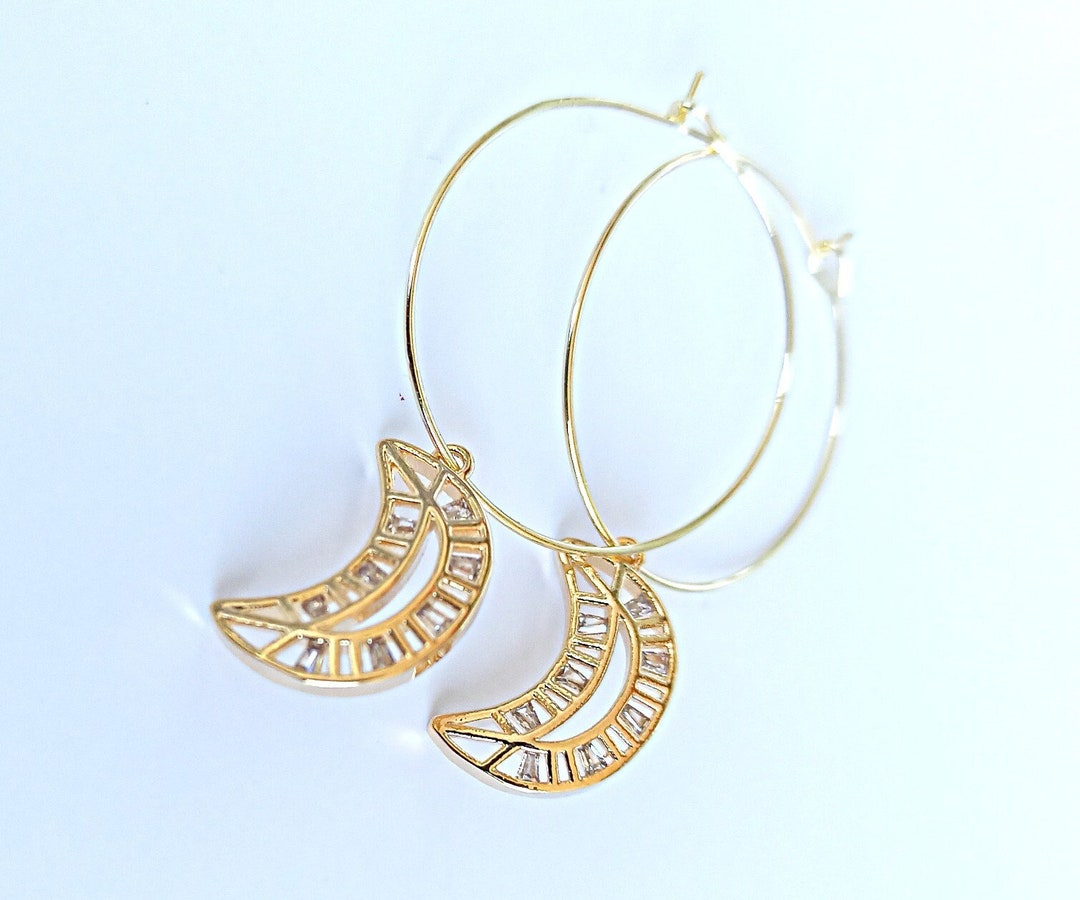 Half Moon Hoop Earrings Gold With CZ Unique Gift for Her, Elegant ...