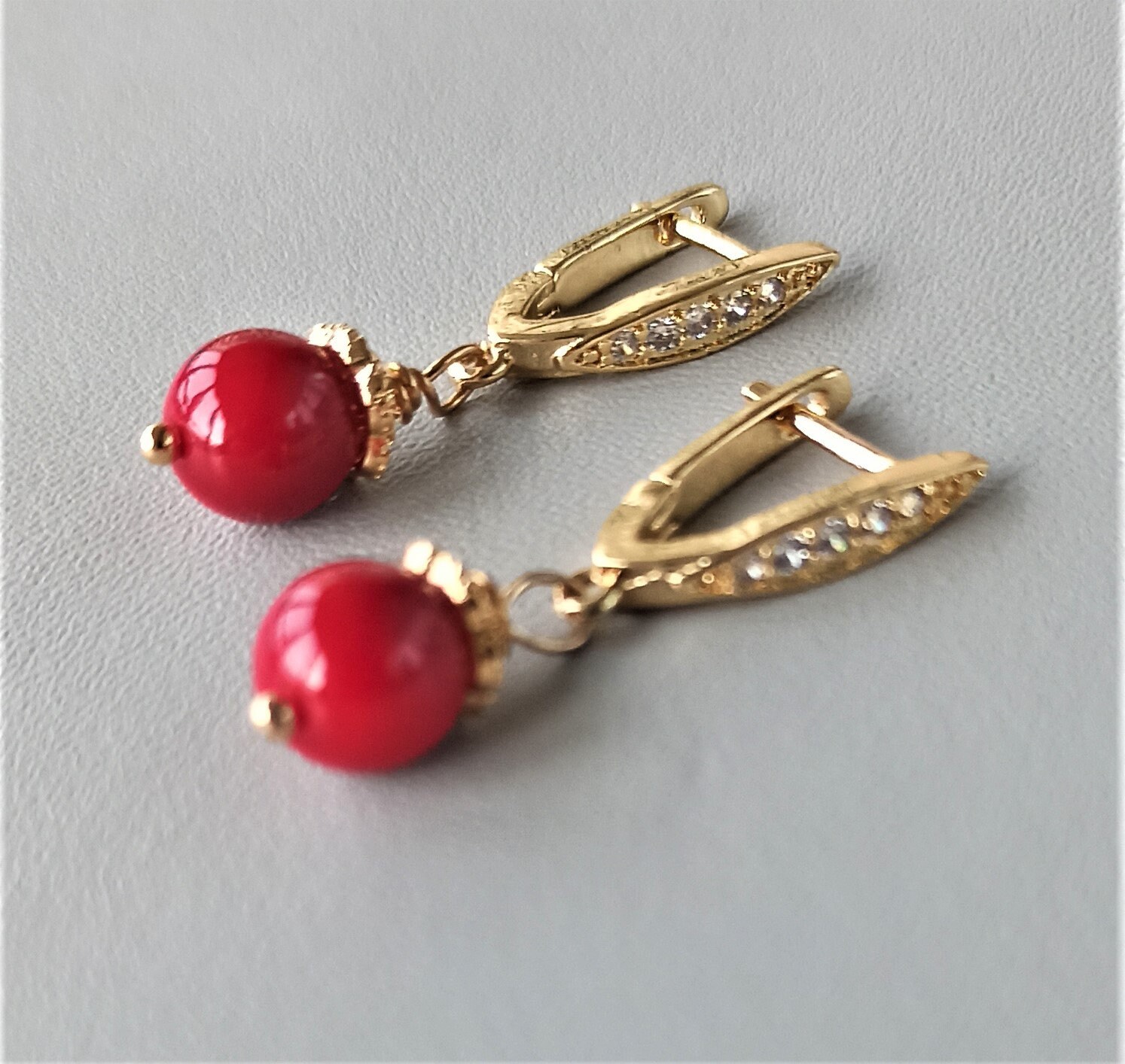 Red Coral Drop Earrings | Gold CZ Earrings | Elegant Handmade Present ...