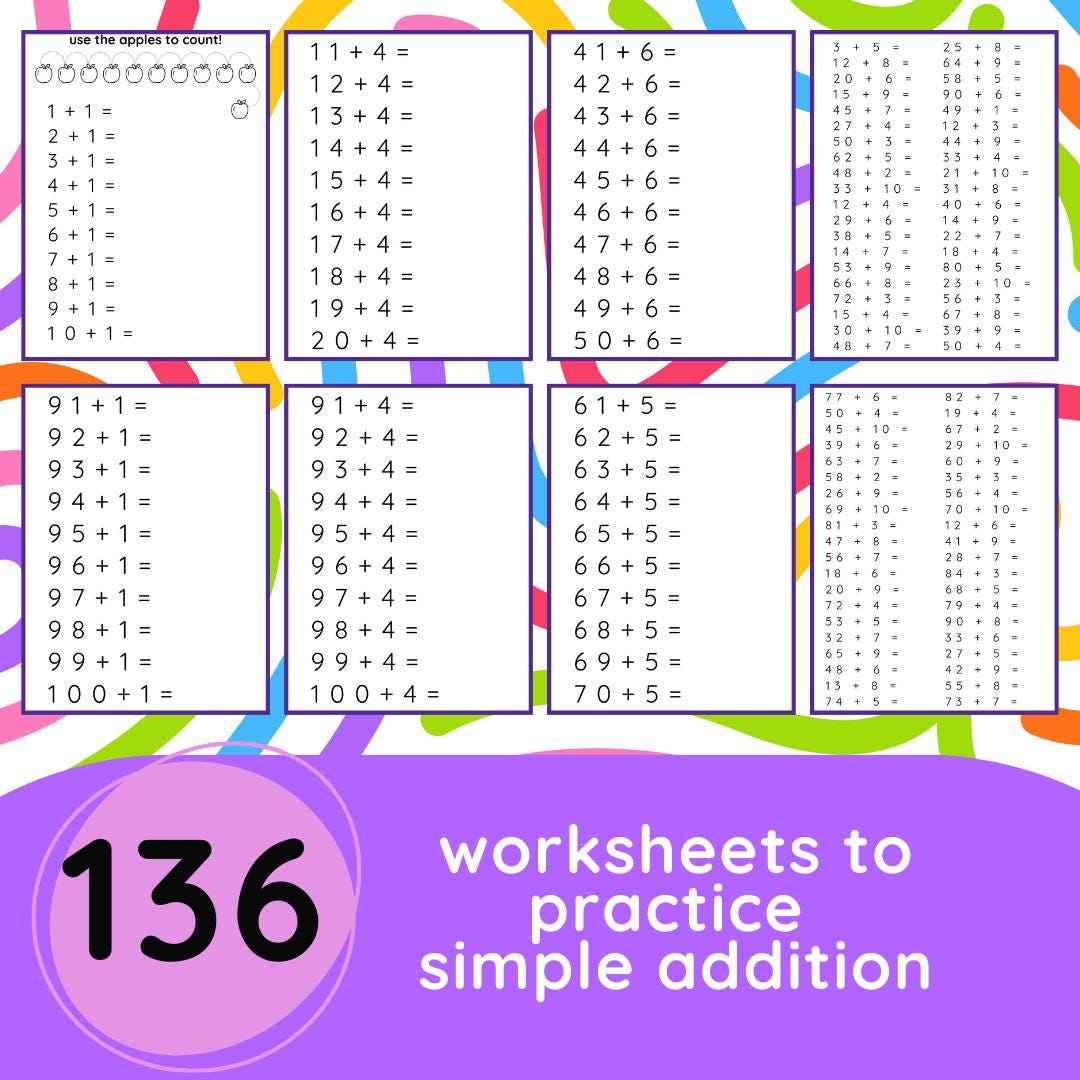 Simple Addition/plus Worksheets PRINTABLE - Etsy