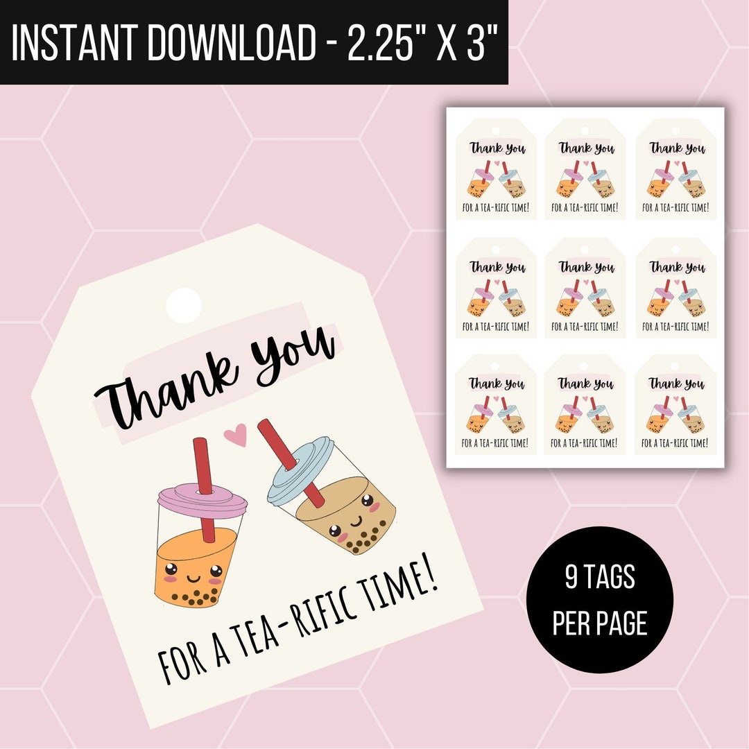 Thank You for a Tea-rific Time Boba Party Gift Tag, Instant Download ...
