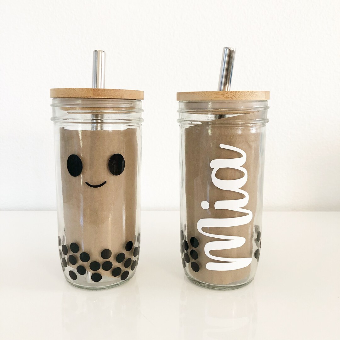 Personalized Boba Beer Can Glass Mug With Name, Straw, and Bamboo Lid ...
