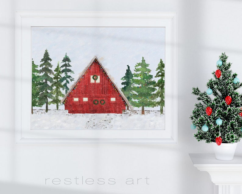 Cabin in the Woods Art Print Christmas Art, Holiday Art, Cabin Art, A ...