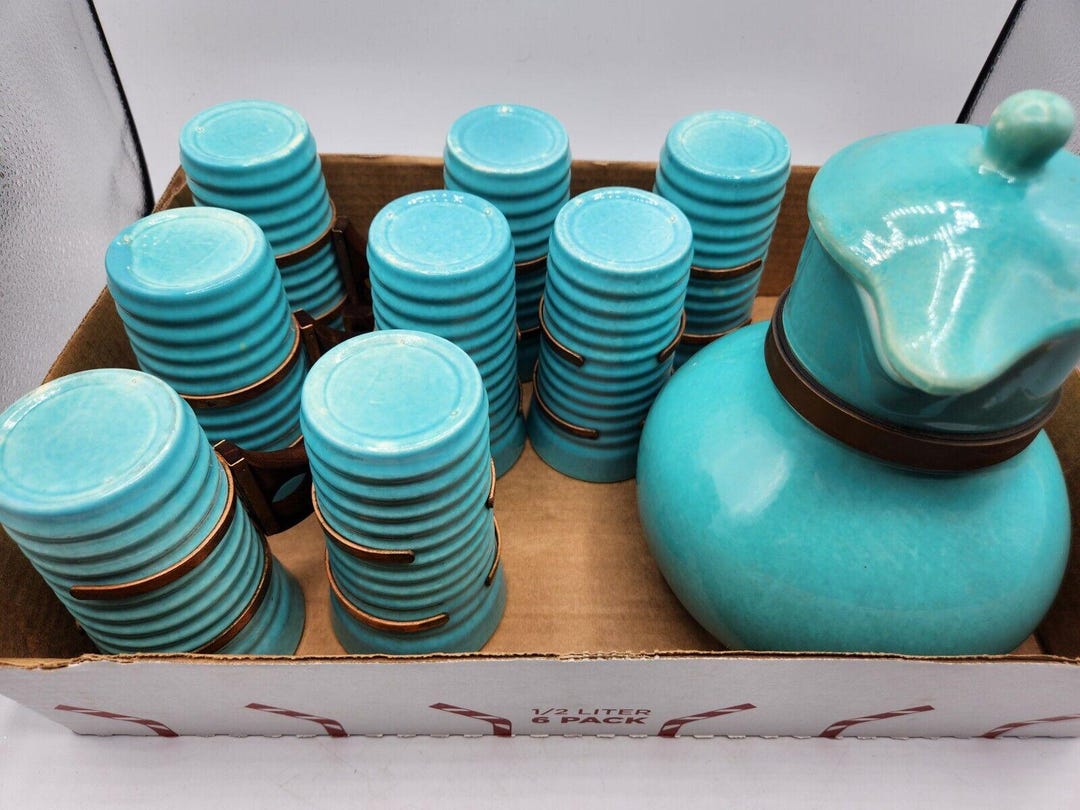 Red Wing Gypsy Trail Wood Copper Handle Turquoise Mugs Cups and Pitcher ...