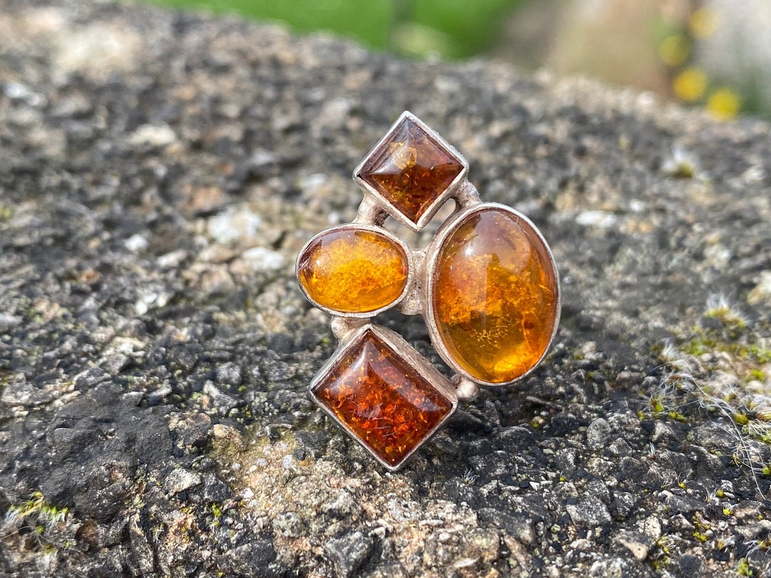 Amber Sterling Silver Ring Size N Polish 4 Stone Amber Ring Sterling ...
