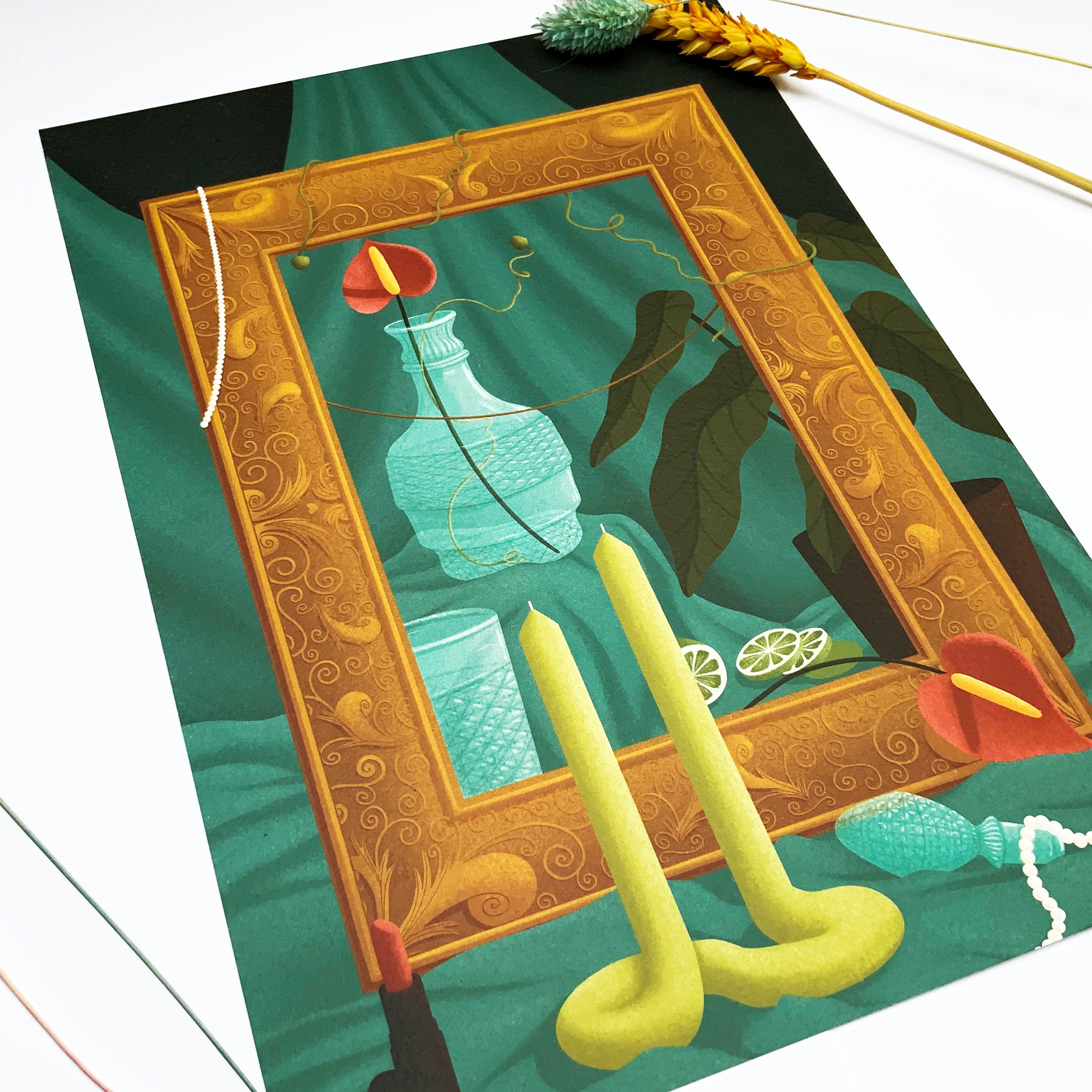 A4 Fine Art Gold Frame Still Life Print Green and Gold - Etsy