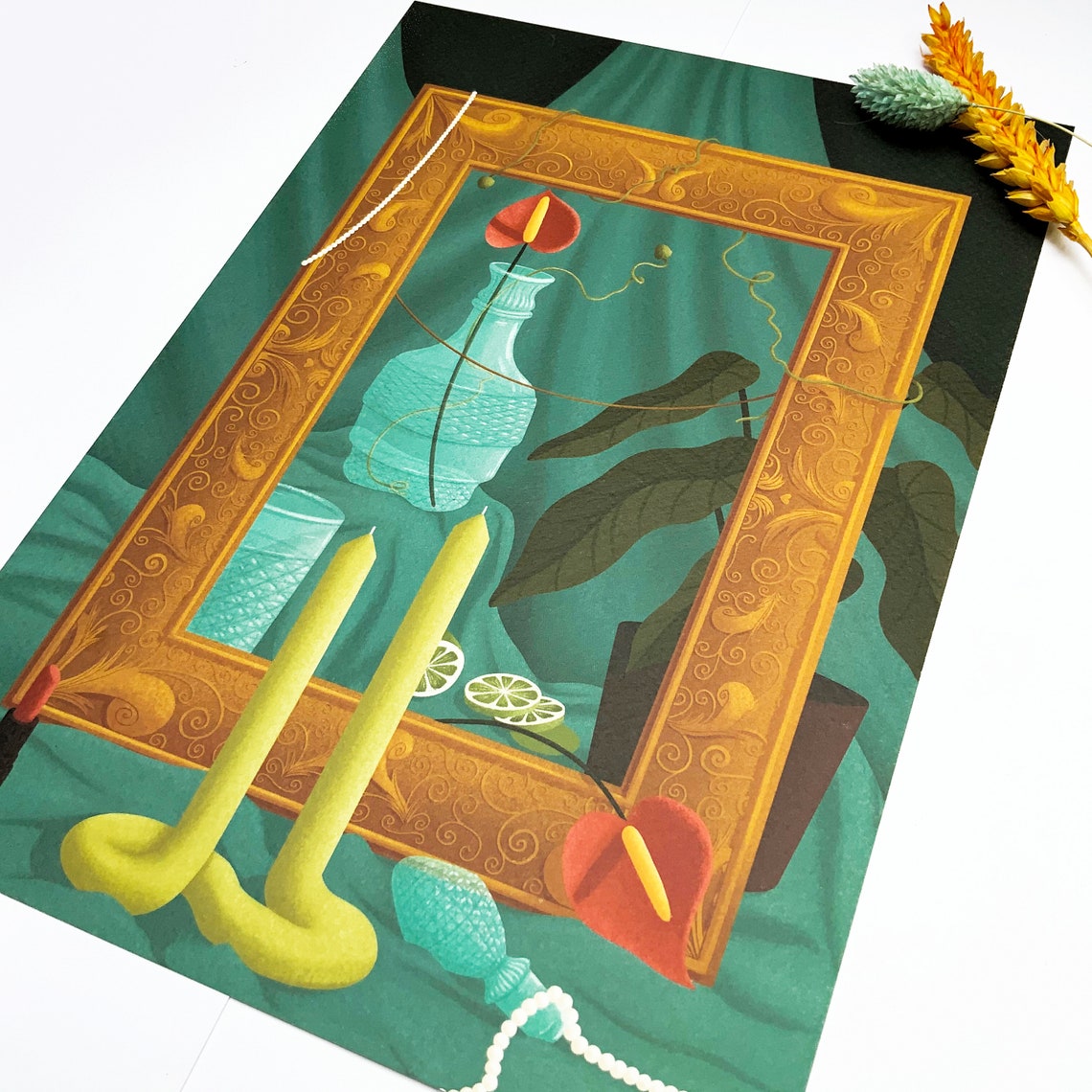 A4 Fine Art Gold Frame Still Life Print Green and Gold - Etsy