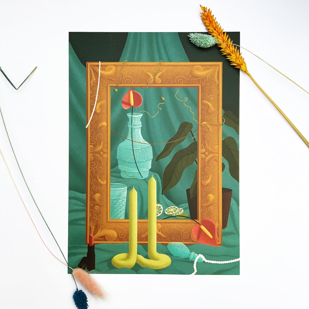 A4 Fine Art Gold Frame Still Life Print, Green and Gold, Luxurious ...