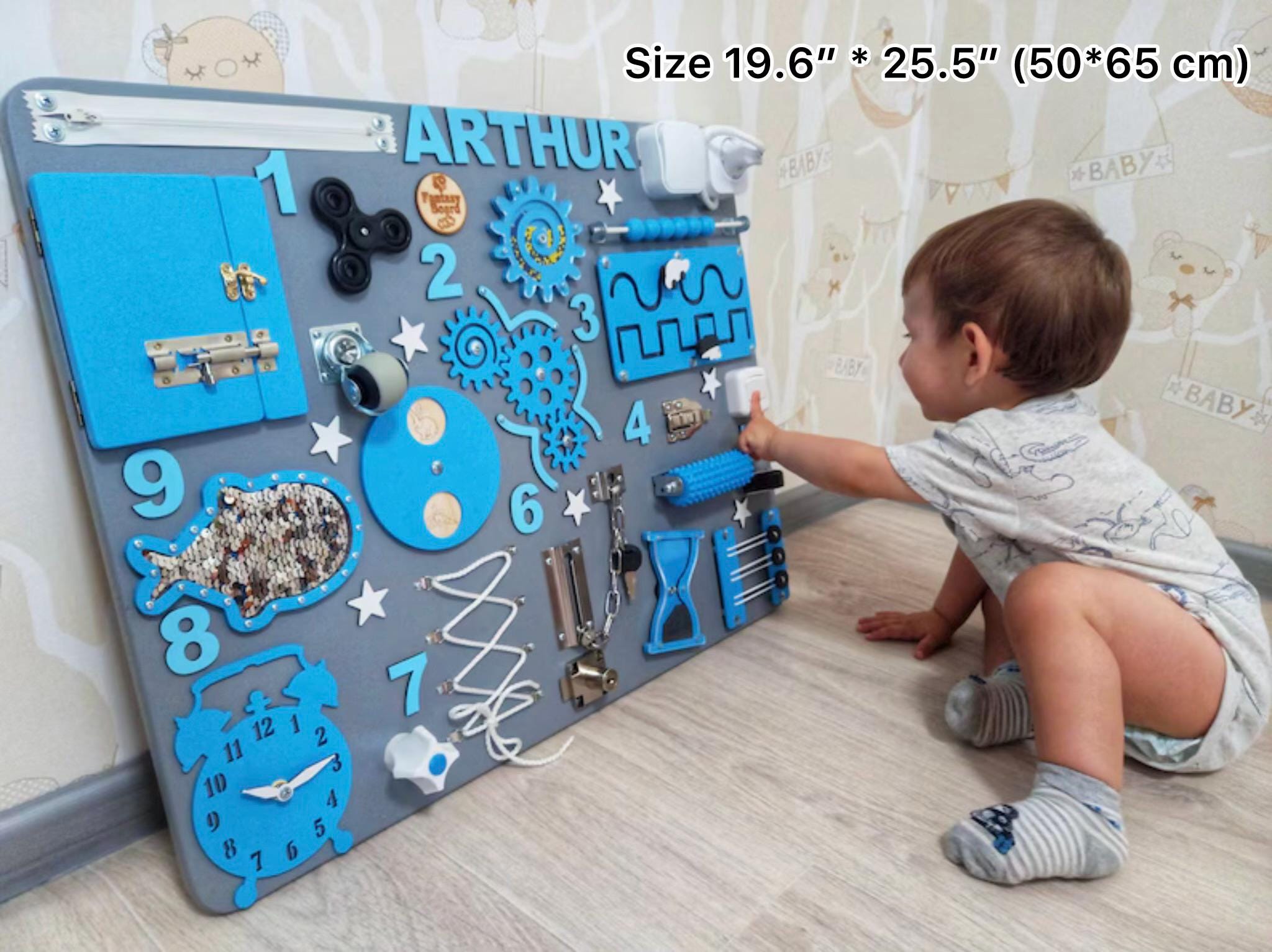 Personalized Blue Toddler Busy Board, Sensory Wall Board for Kids ...