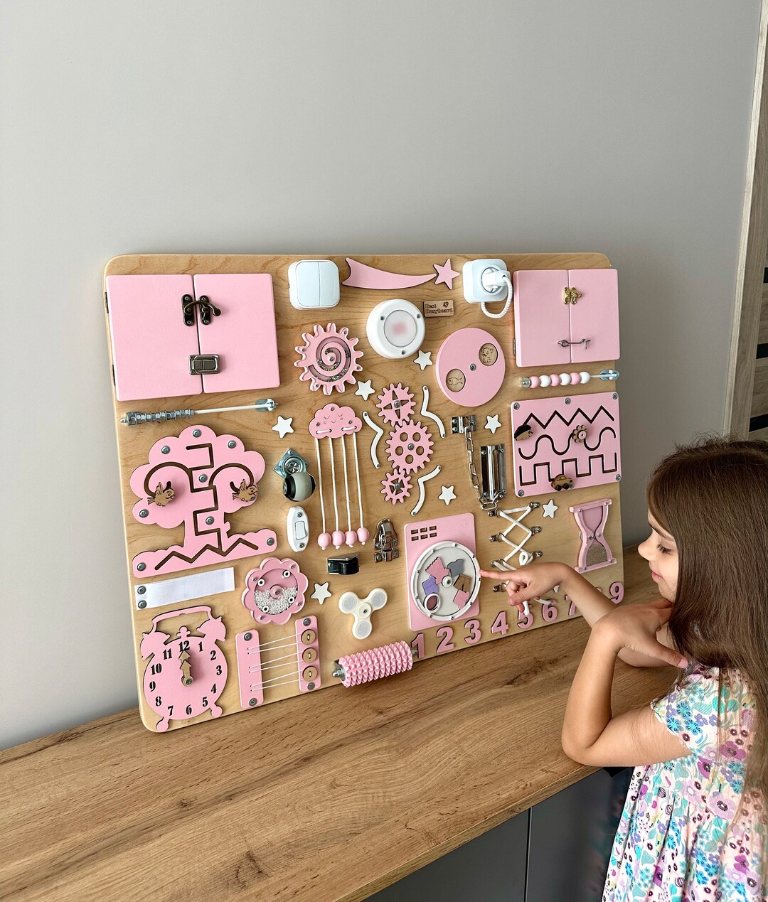 Pink Organic Custom Busy Board, Wooden Sensory Toys, Gift for ...