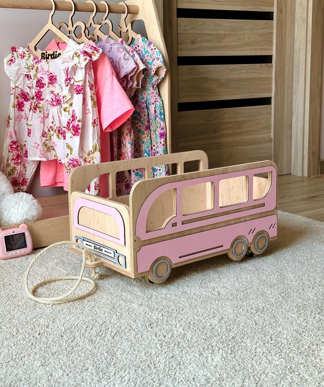 Personalized Pink Bus Baby Toy Box, Rolling Toy Storage, Montessori ...