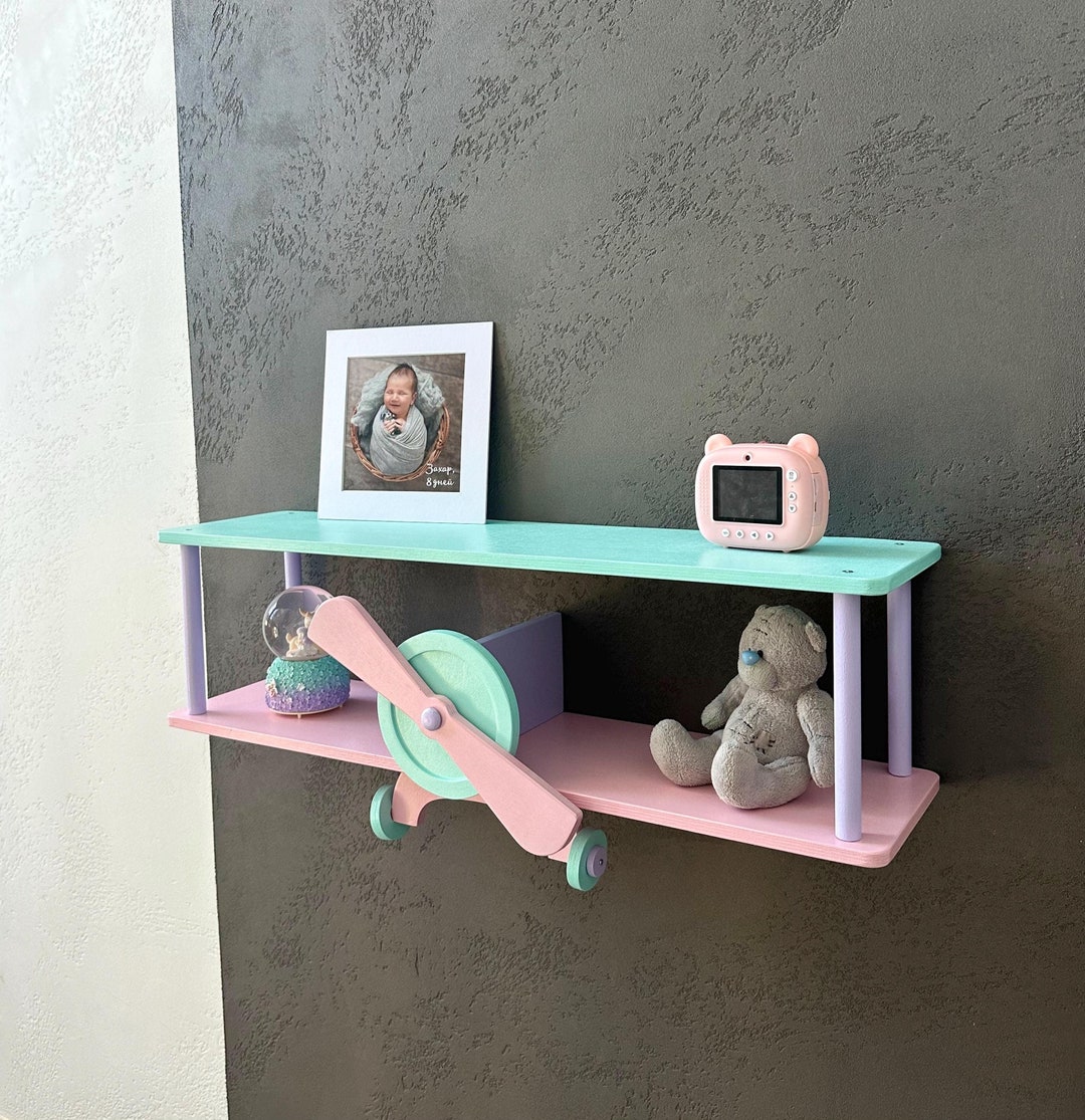 Wooden Kids Floating Shelf, Plane Nursery Bookshelf, Aviation Toddler ...