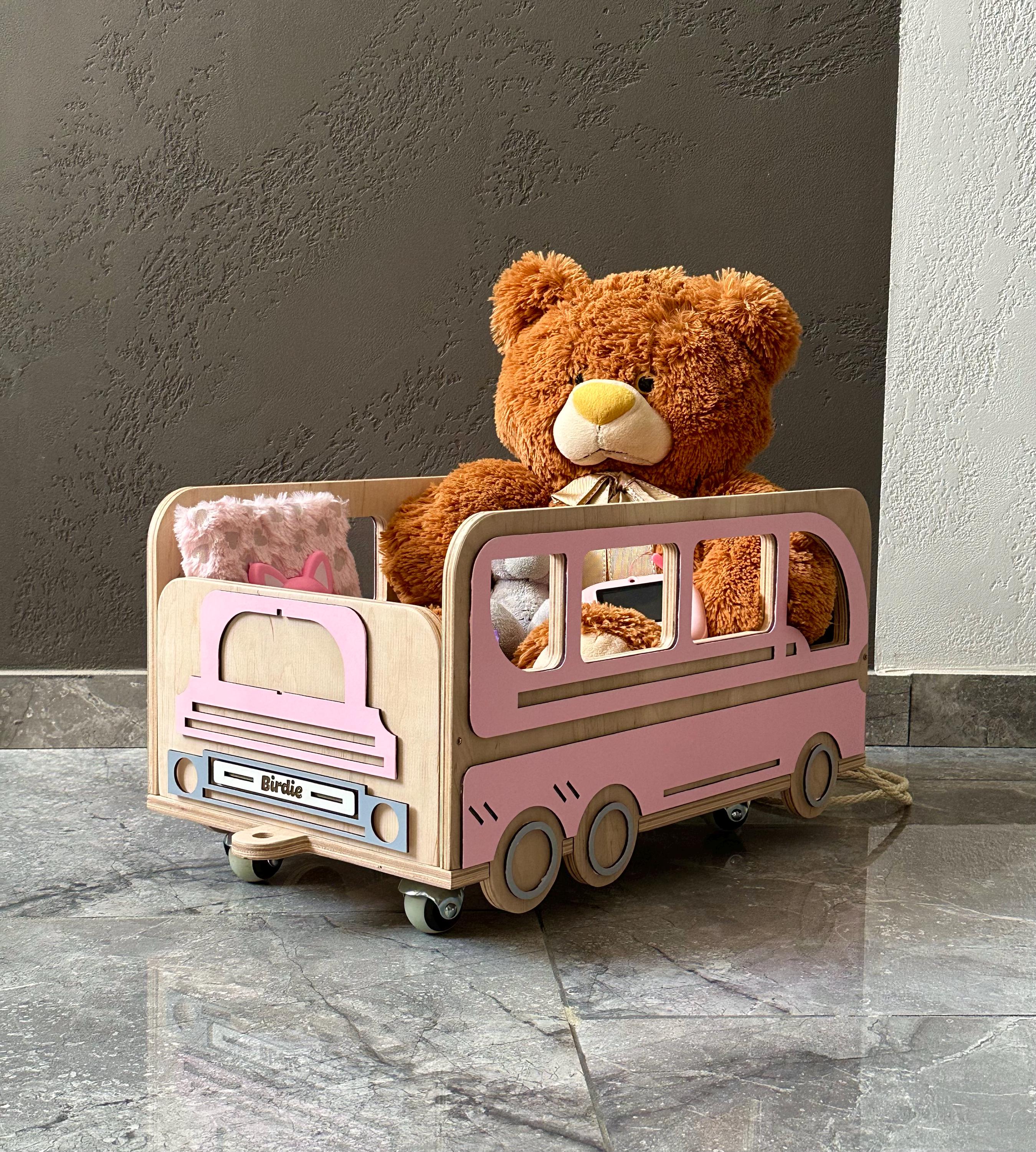 Personalized Pink Bus Baby Toy Box, Rolling Toy Storage, Montessori ...