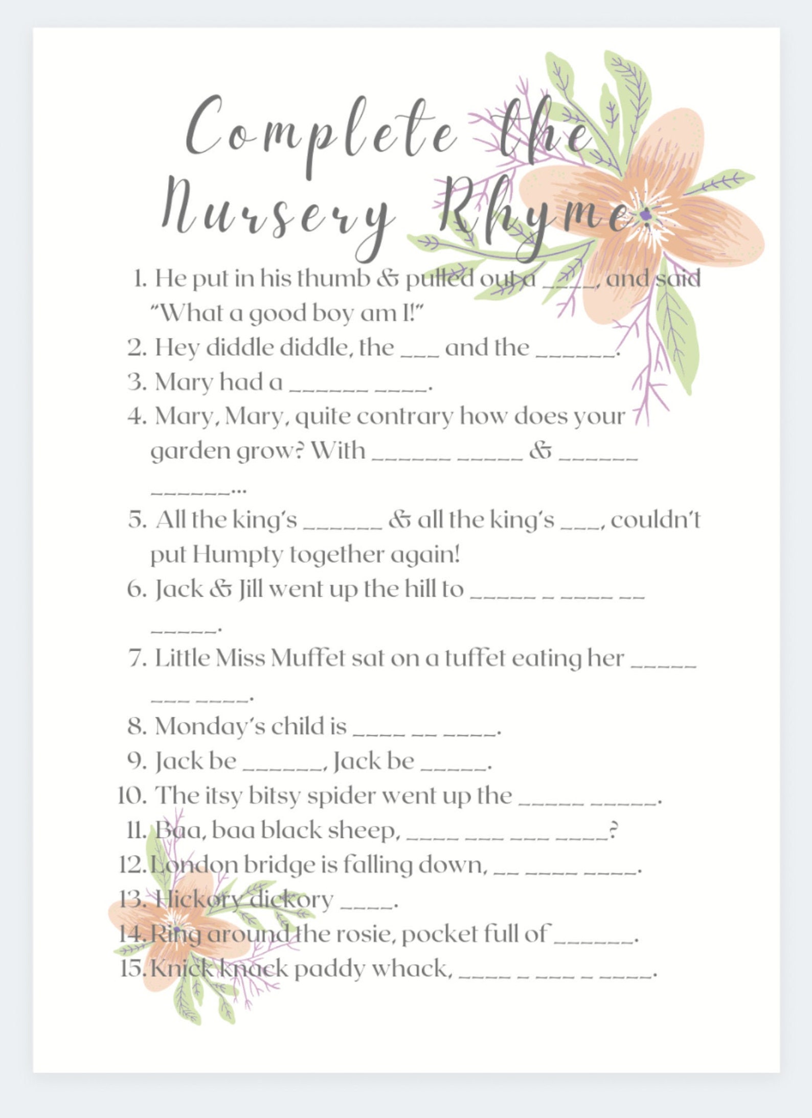 Complete the Nursery Rhyme Printable Baby Shower Game Boy or | Etsy