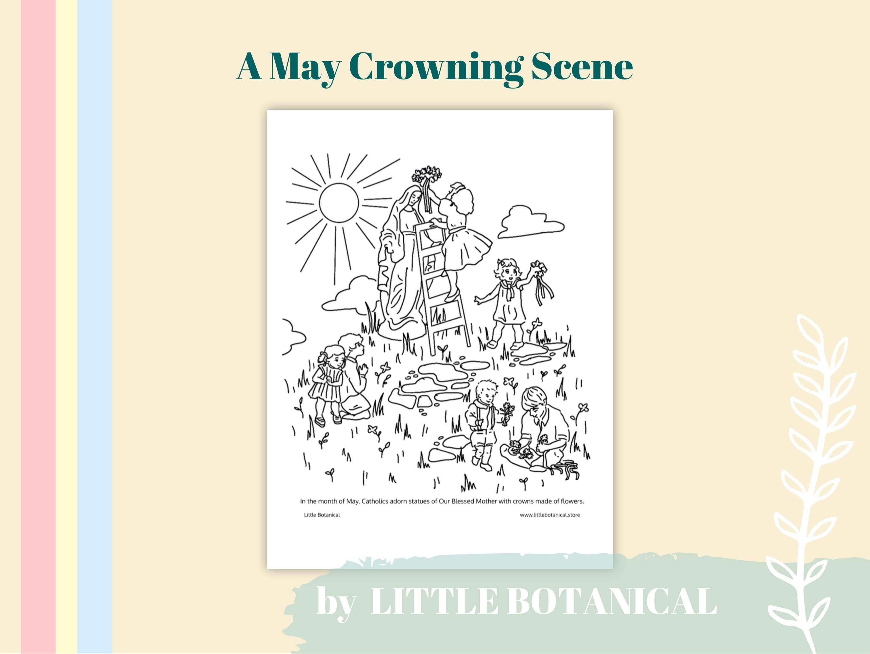 Catholic Crowning Mary Coloring Page Featuring Children Making Wreaths ...