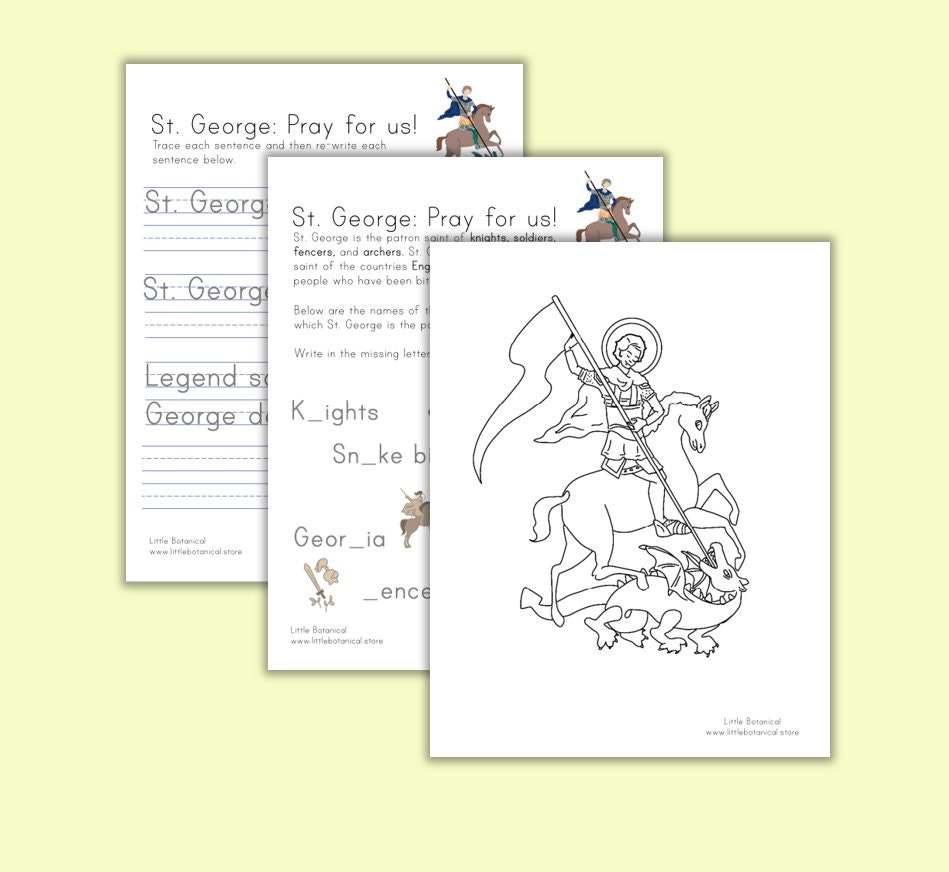 St. George Worksheets and Coloring Pages for Boys, Religious Writing ...