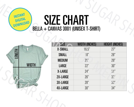 Bella Canvas 3001 Size Chart Bella Canvas Size Chart Bella | Etsy
