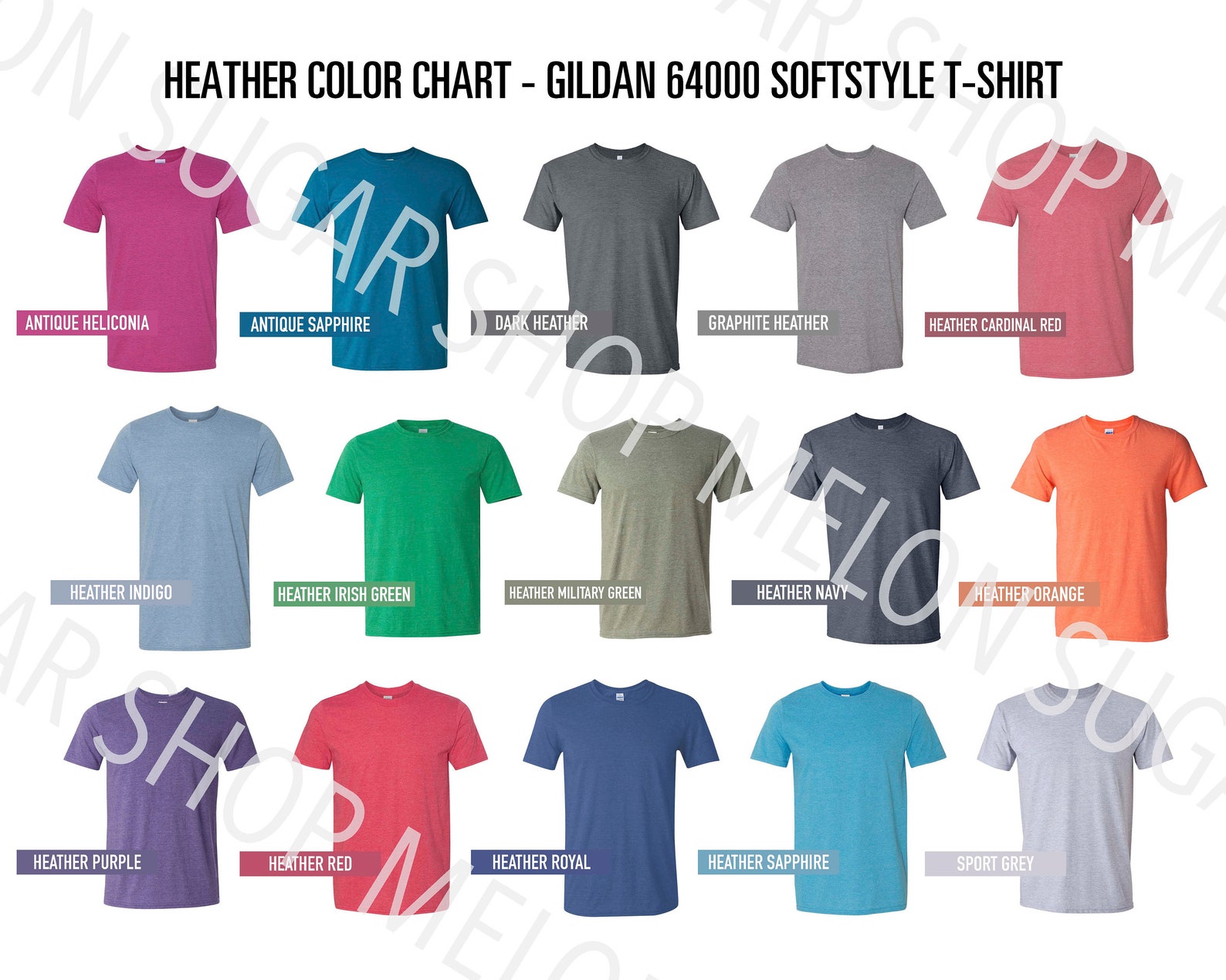Gildan 64000 HEATHER Color Chart | 640 Every HEATHER Color | Unisex ...
