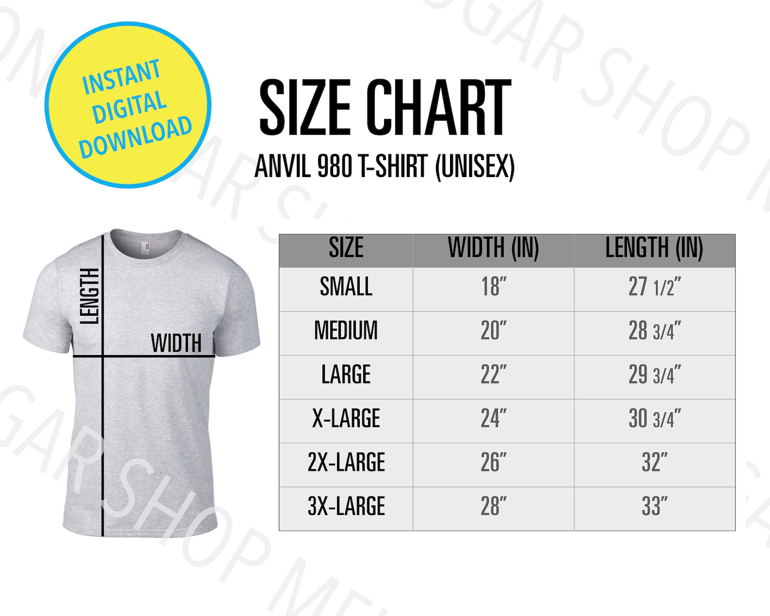 Anvil 980 Size Chart | Anvil Size Chart | Unisex Lightweight T-shirt ...
