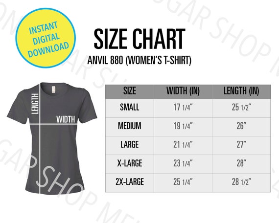 Anvil 880 Size Chart Anvil Size Chart Mock up Ladies | Etsy
